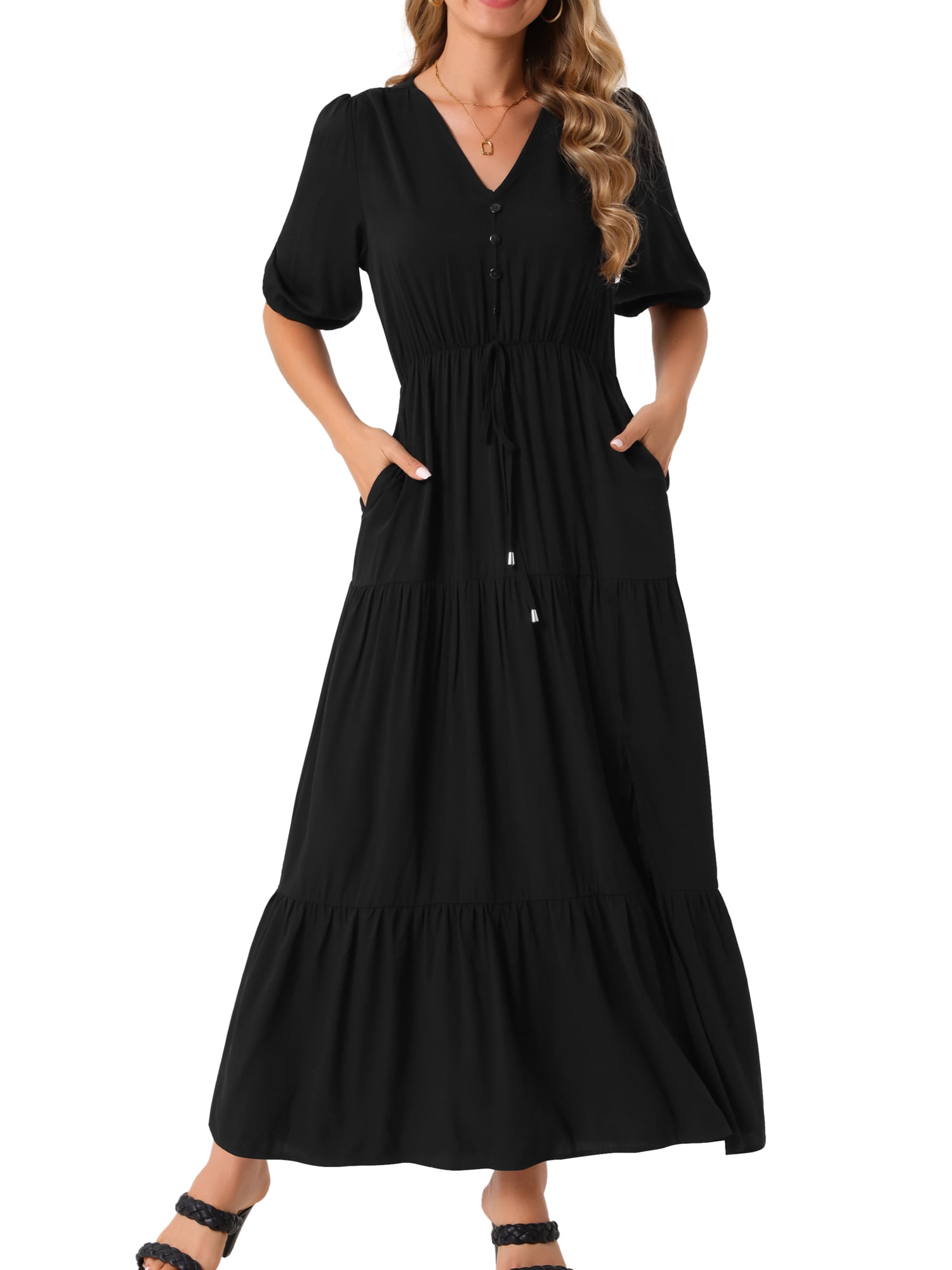DARING DIVA Maxi V Neck Half Sleeve Drawstring Waisted Slit Dress S ...