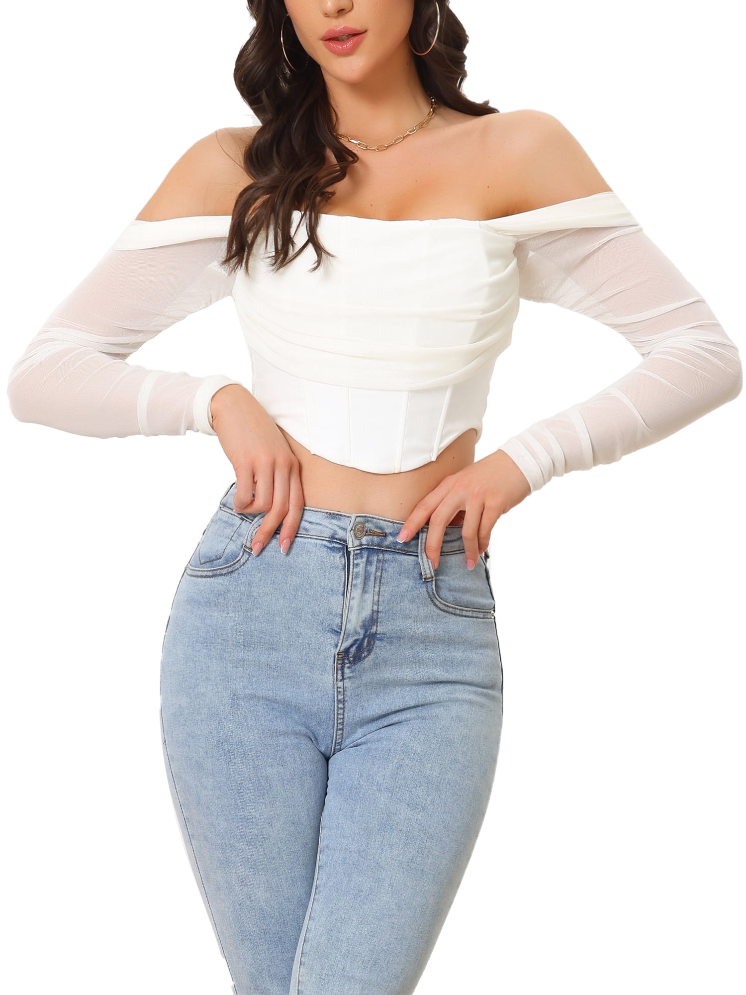 DARING DIVA Mesh Sheer Corset Crop Top Shoulder Boned Bustier Blouse L ...