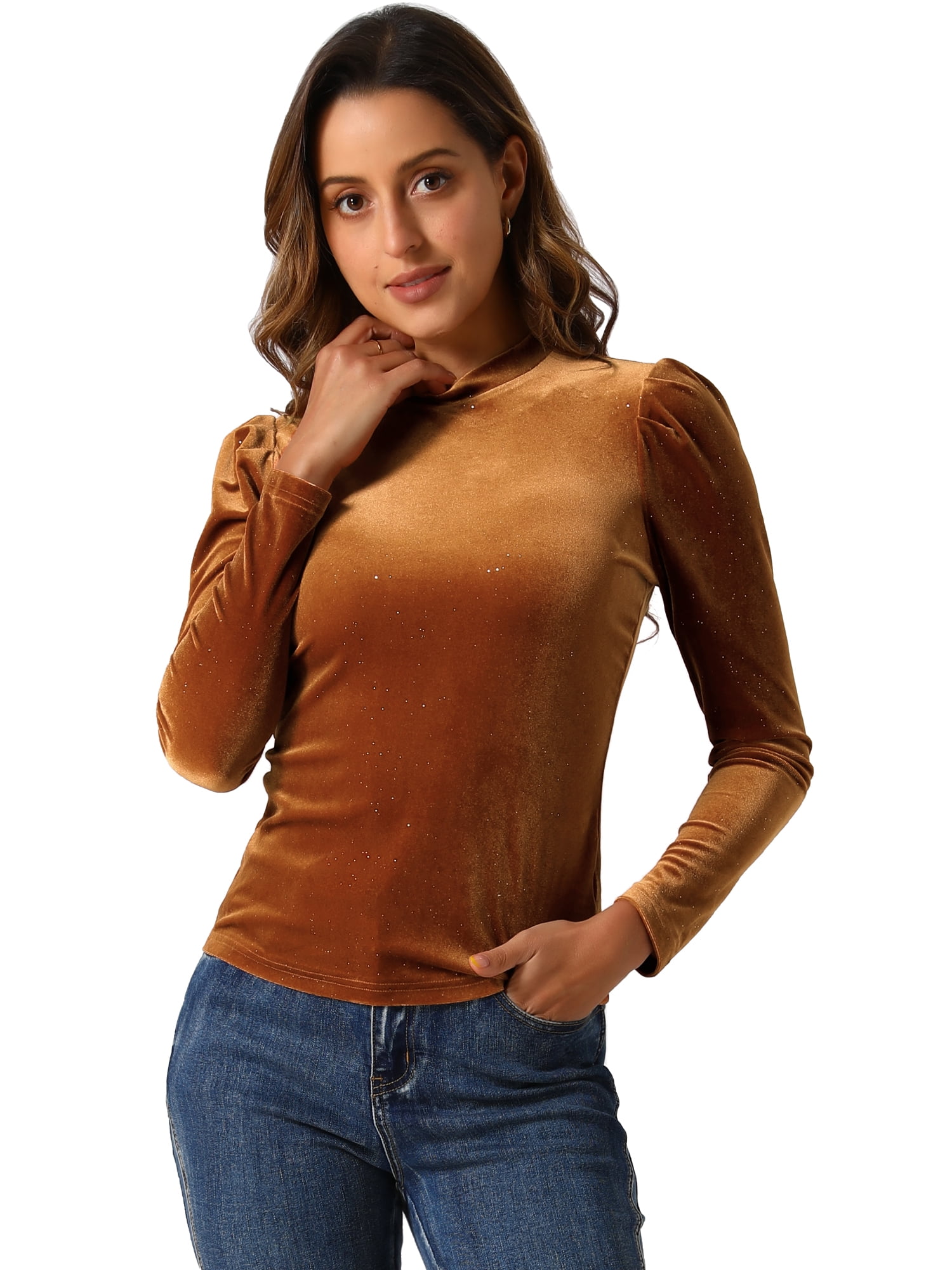 DARING DIVA Metallic Glitter Velvet Mock Neck Puff Blouse XL Brown ...