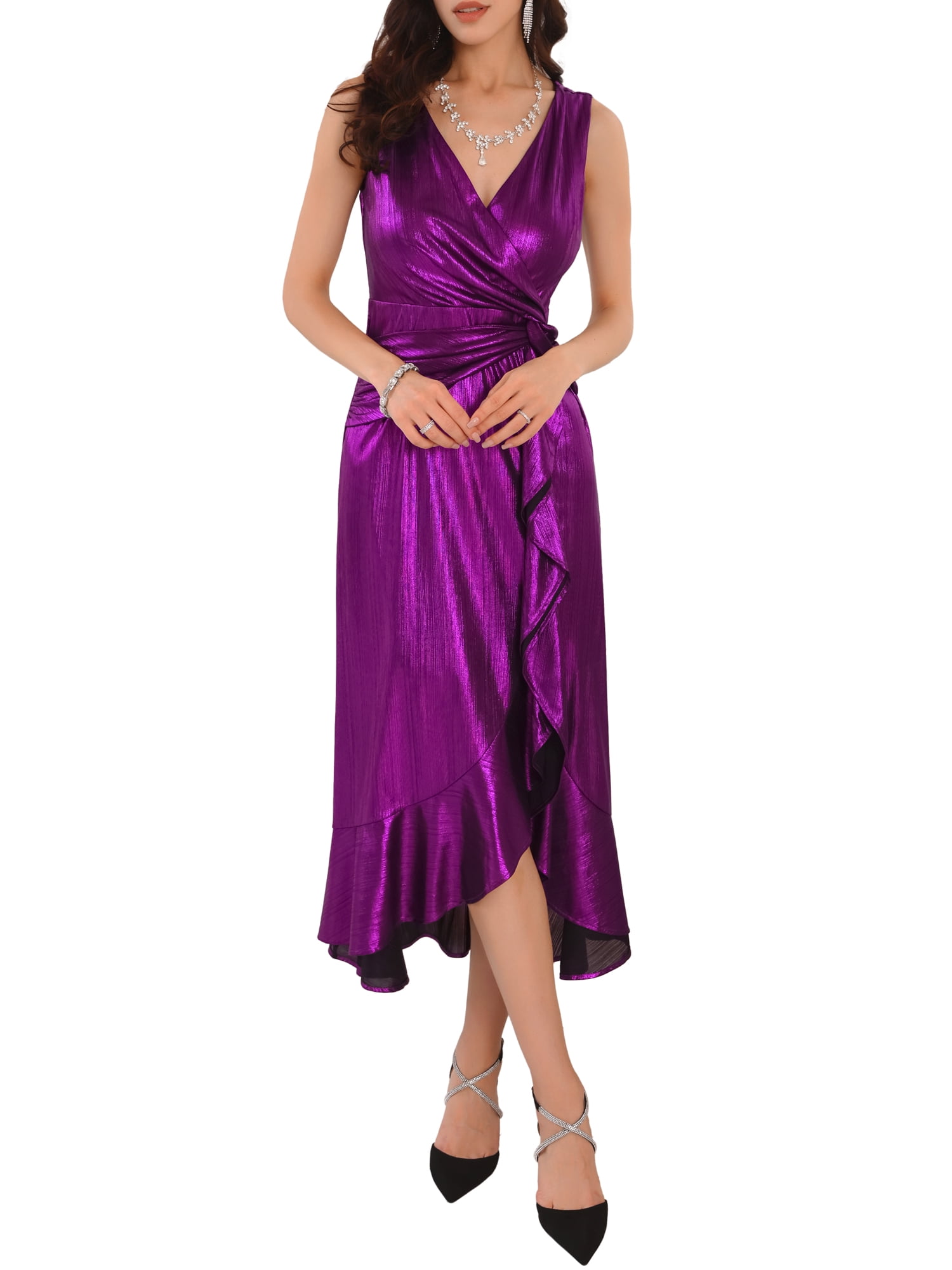 DARING DIVA Metallic Split Wrap Knot Waist Midi Cocktail Dress M Purple ...