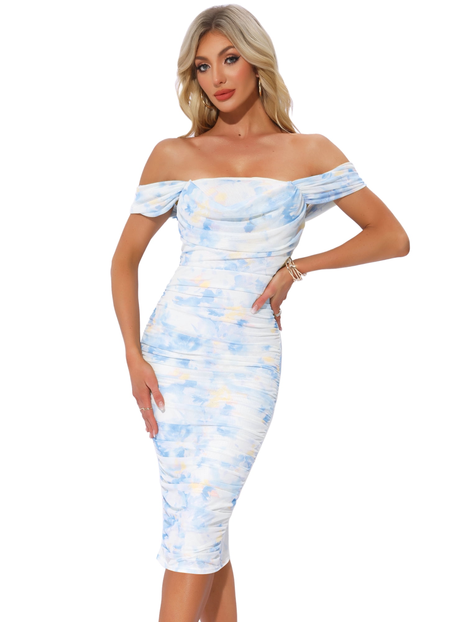 DARING DIVA Midi Cocktail Bodycon Square Neck Printed Dress M Light ...