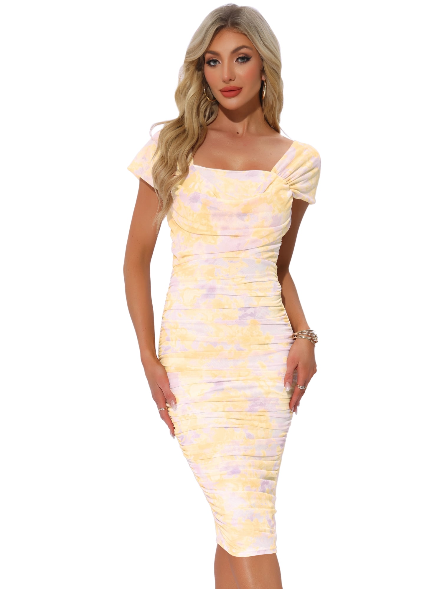 DARING DIVA Midi Cocktail Bodycon Square Neck Printed Dress XS Light ...