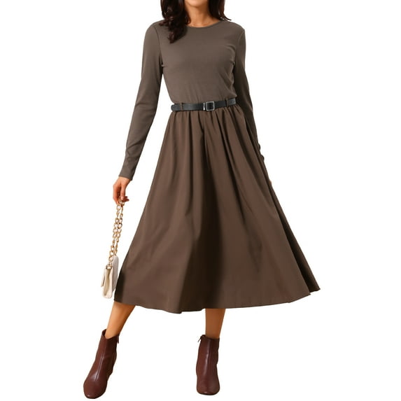 DARING DIVA Midi Dress Crewneck Long Sleeve Flowy Dress M Coffee ...