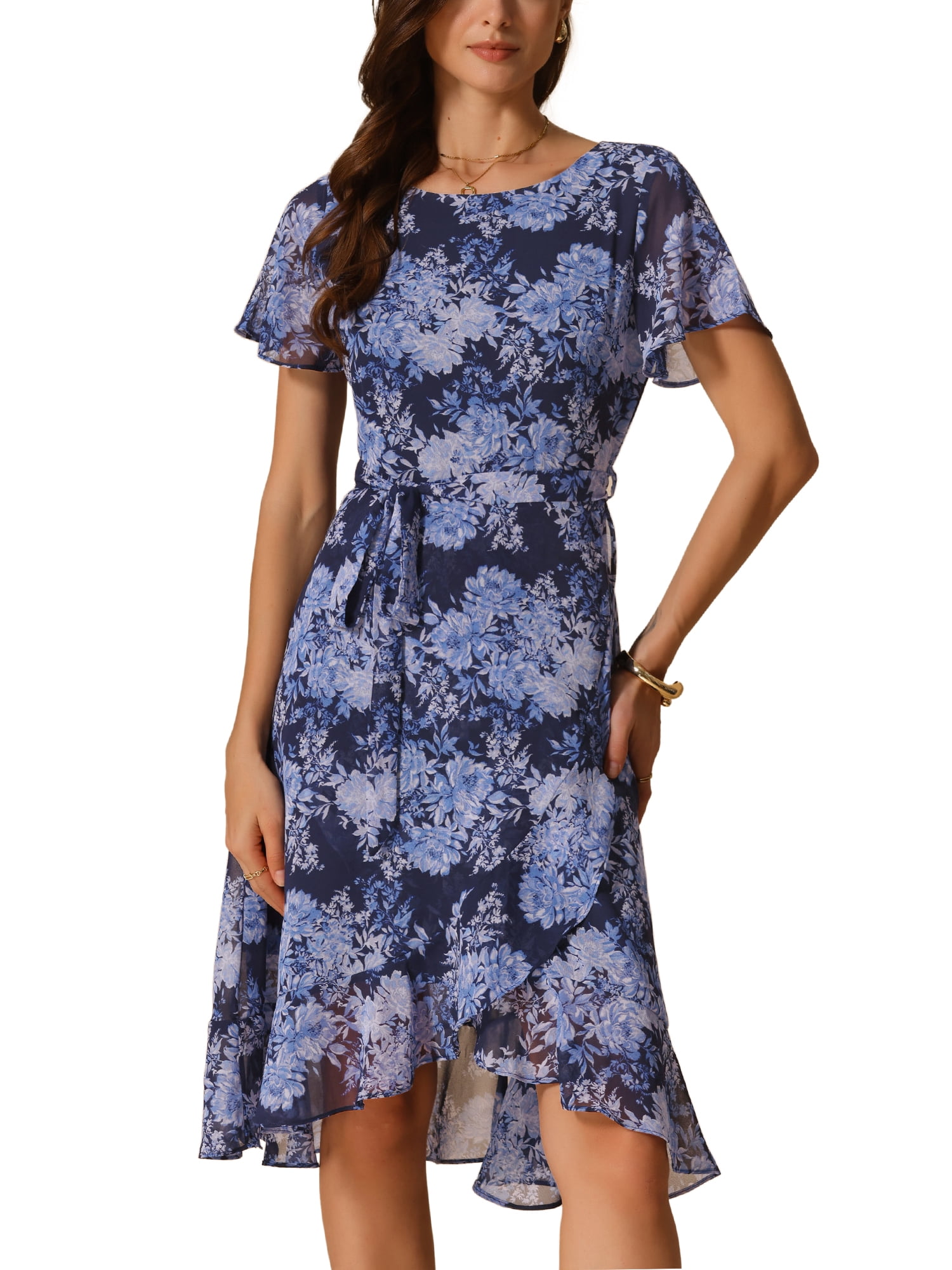 DARING DIVA Midi Ruffle High Low Hem Short Sleeve Flowy Floral Dress M ...