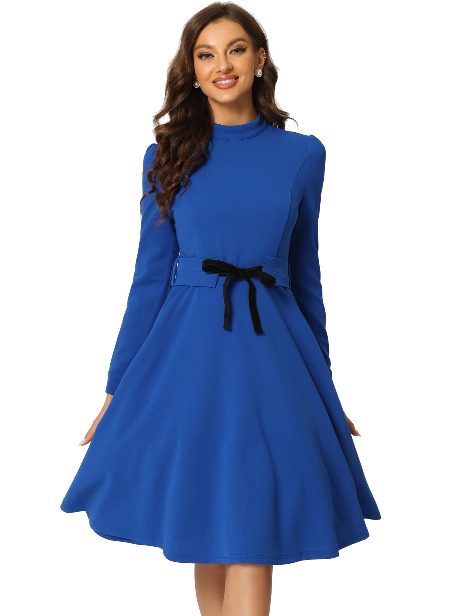 DARING DIVA Mock Neck Knit Below the Knee Tie Waist Dress XS Royal Blue ...