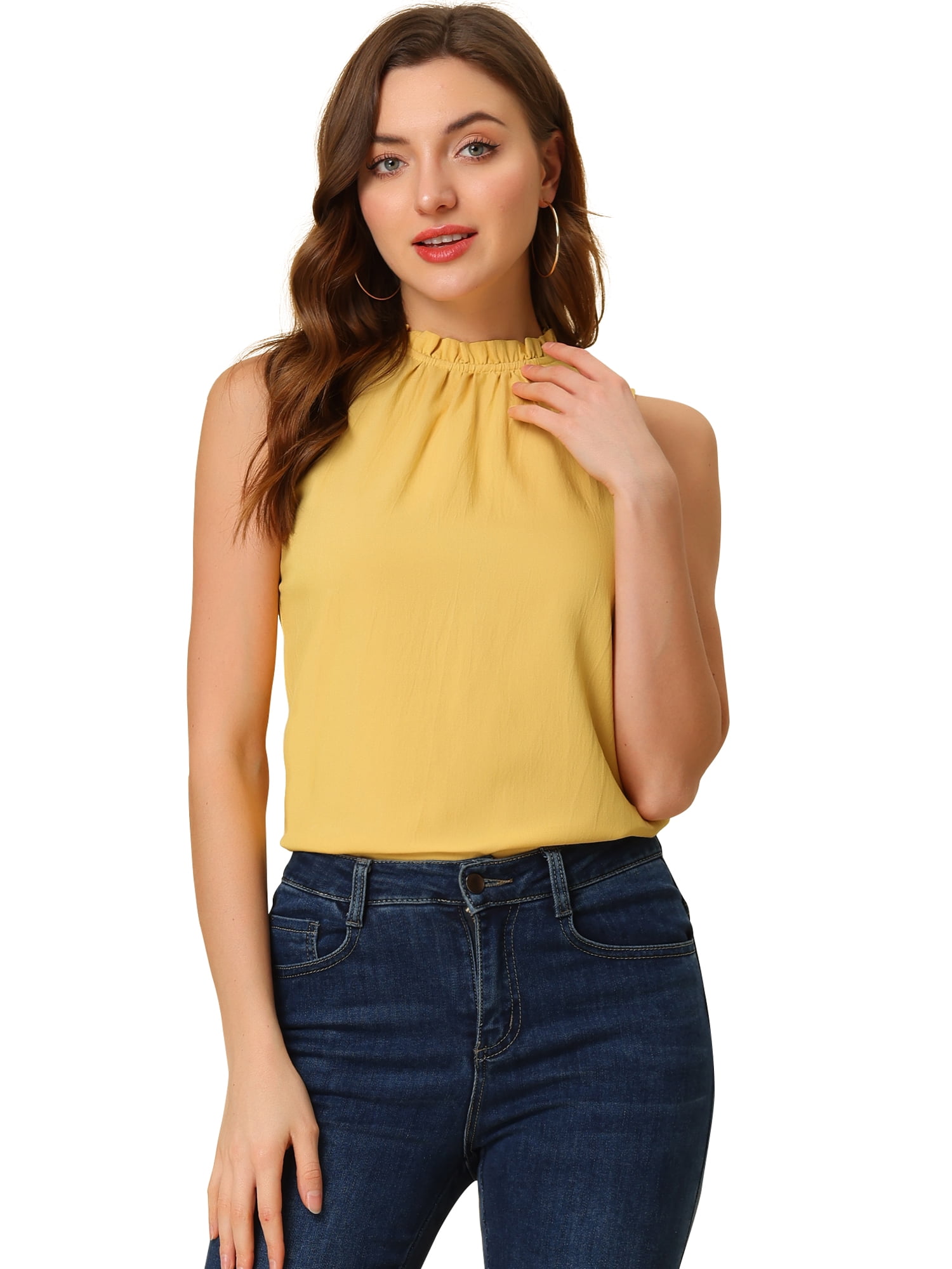 DARING DIVA Mock Neck Ruffle Sleeveless Casual Blouse Top S Yellow ...