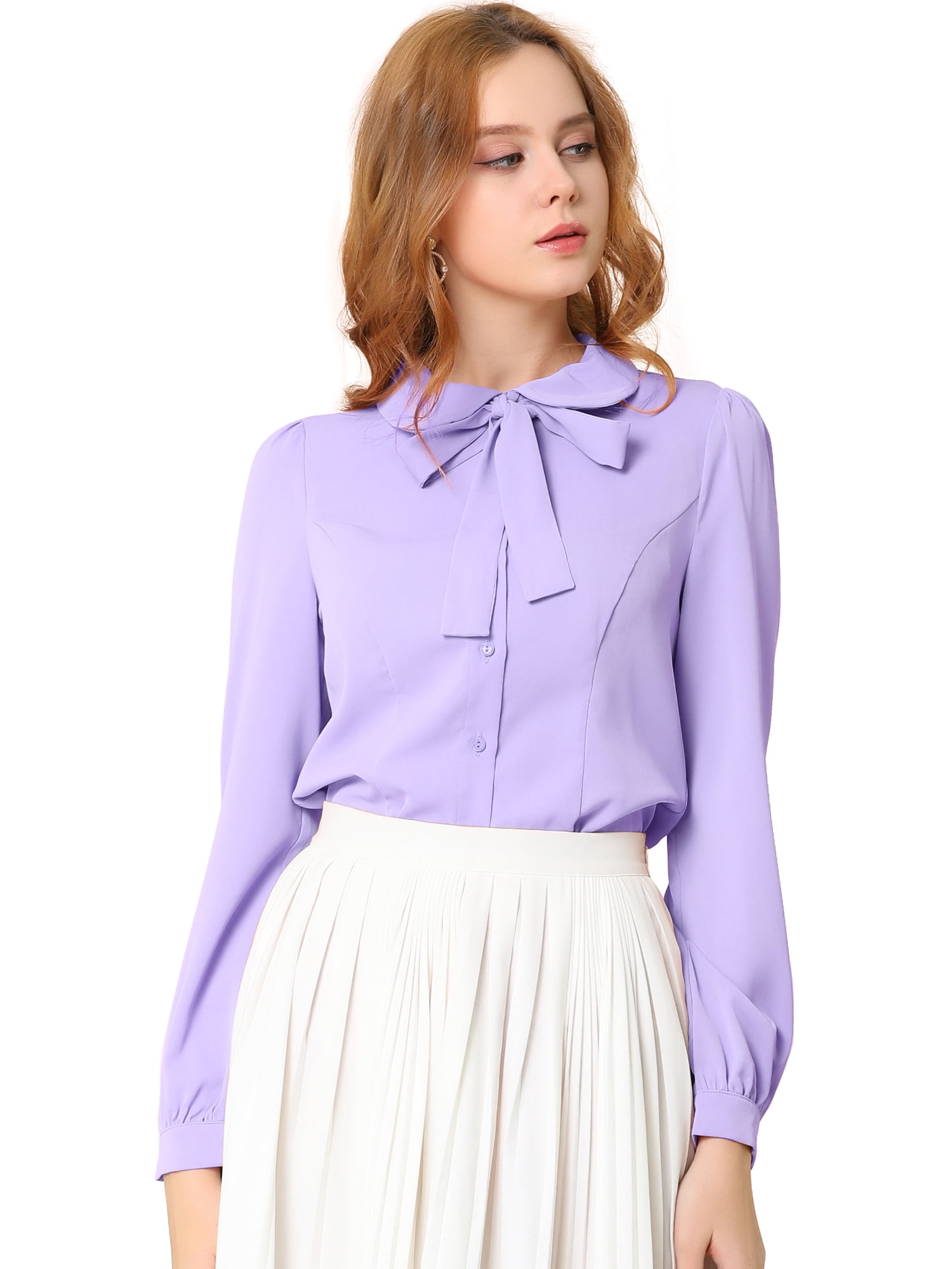 DARING DIVA Pan Collar Bow Tie Neck Work Office Shirt M Light Purple ...