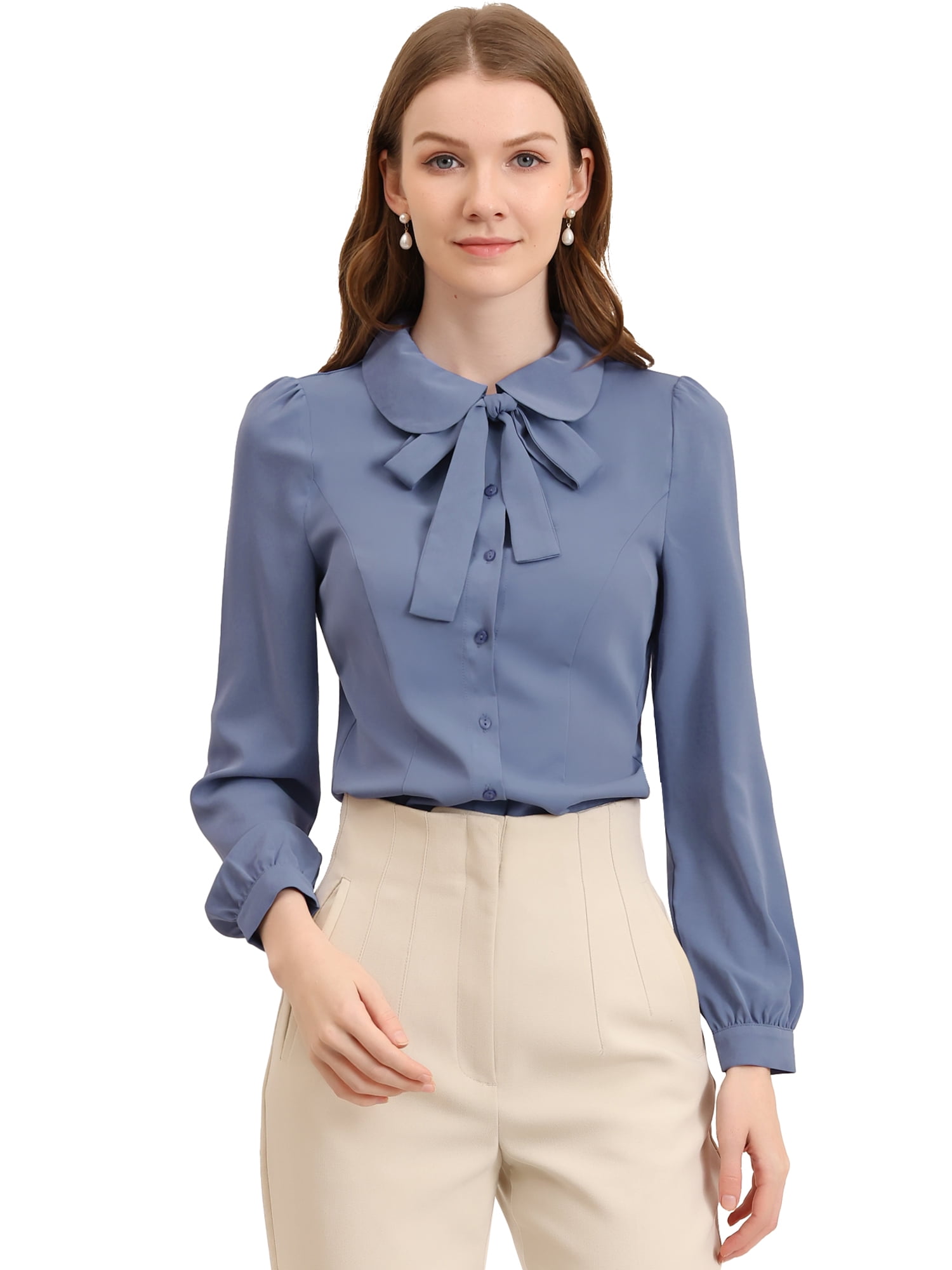 DARING DIVA Pan Collar Bow Tie Neck Work Office Shirt S Dusty Blue ...
