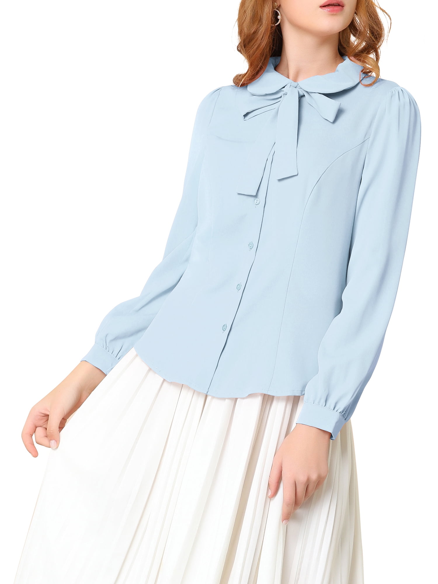 DARING DIVA Pan Collar Bow Tie Neck Work Office Shirt XL Light Blue ...