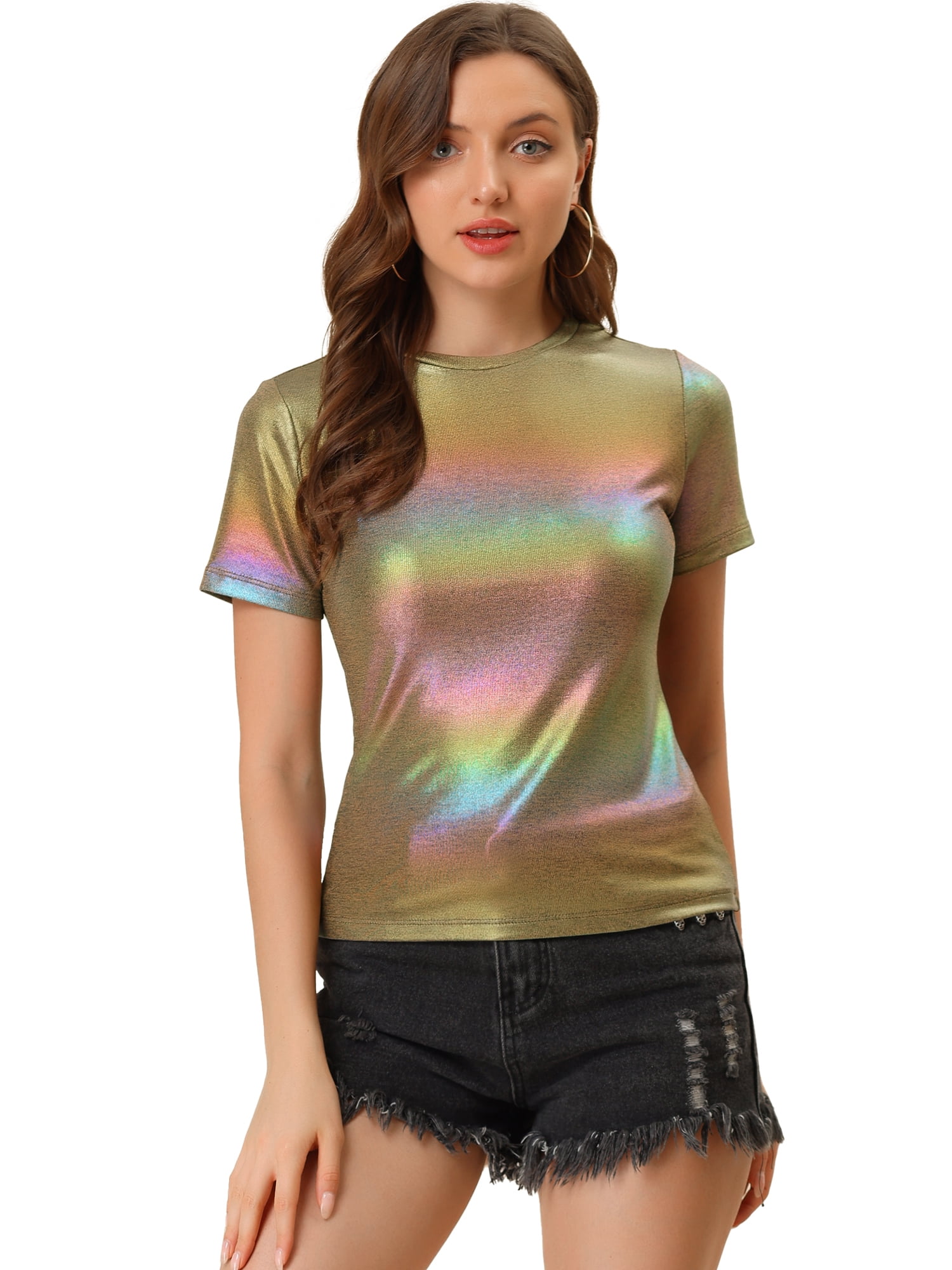 DARING DIVA Party Metallic Textured Short Sleeve Shiny Tops S Rainbow ...