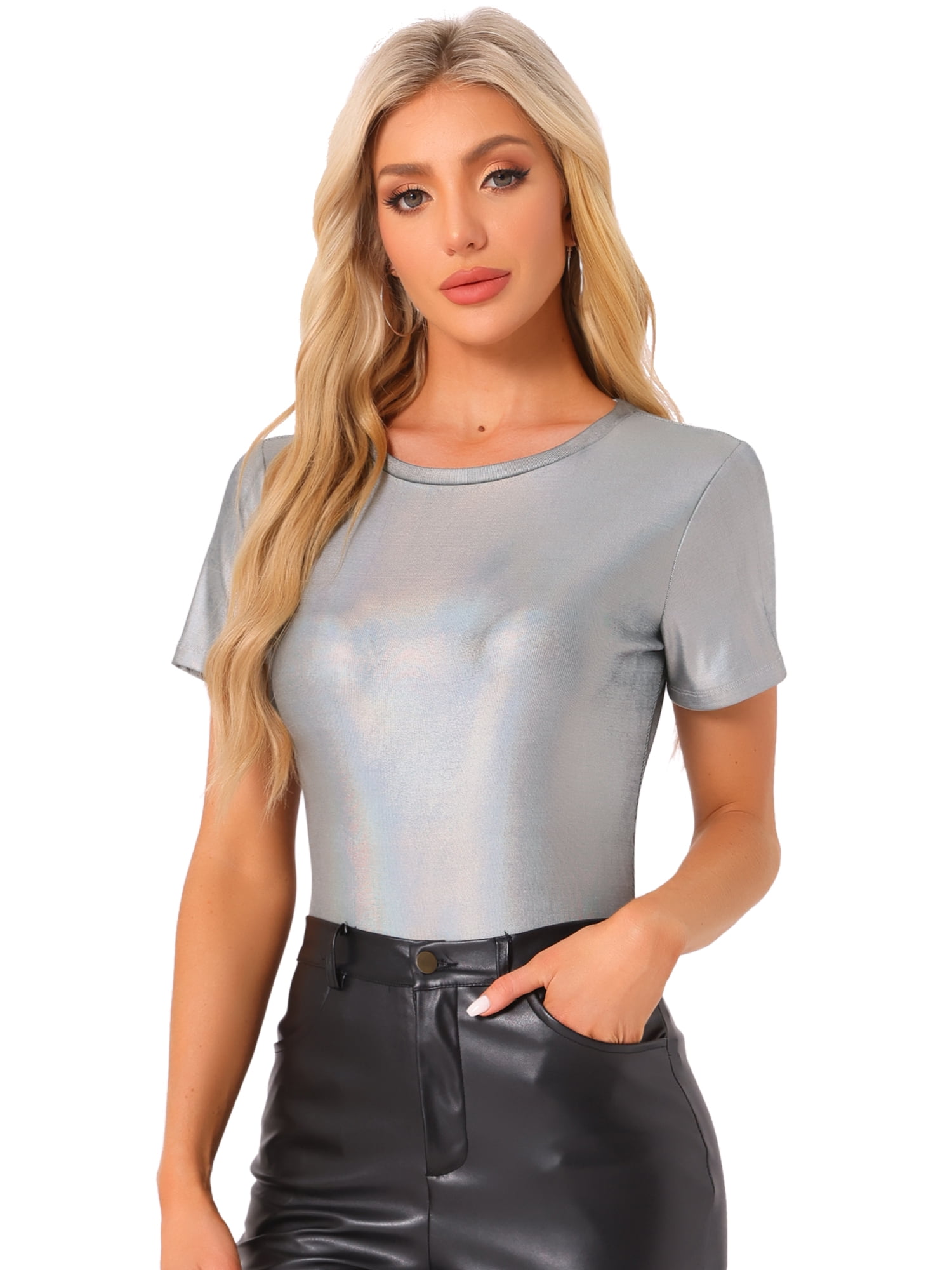 DARING DIVA Party Metallic Textured Short Sleeve Shiny Tops XS Light ...
