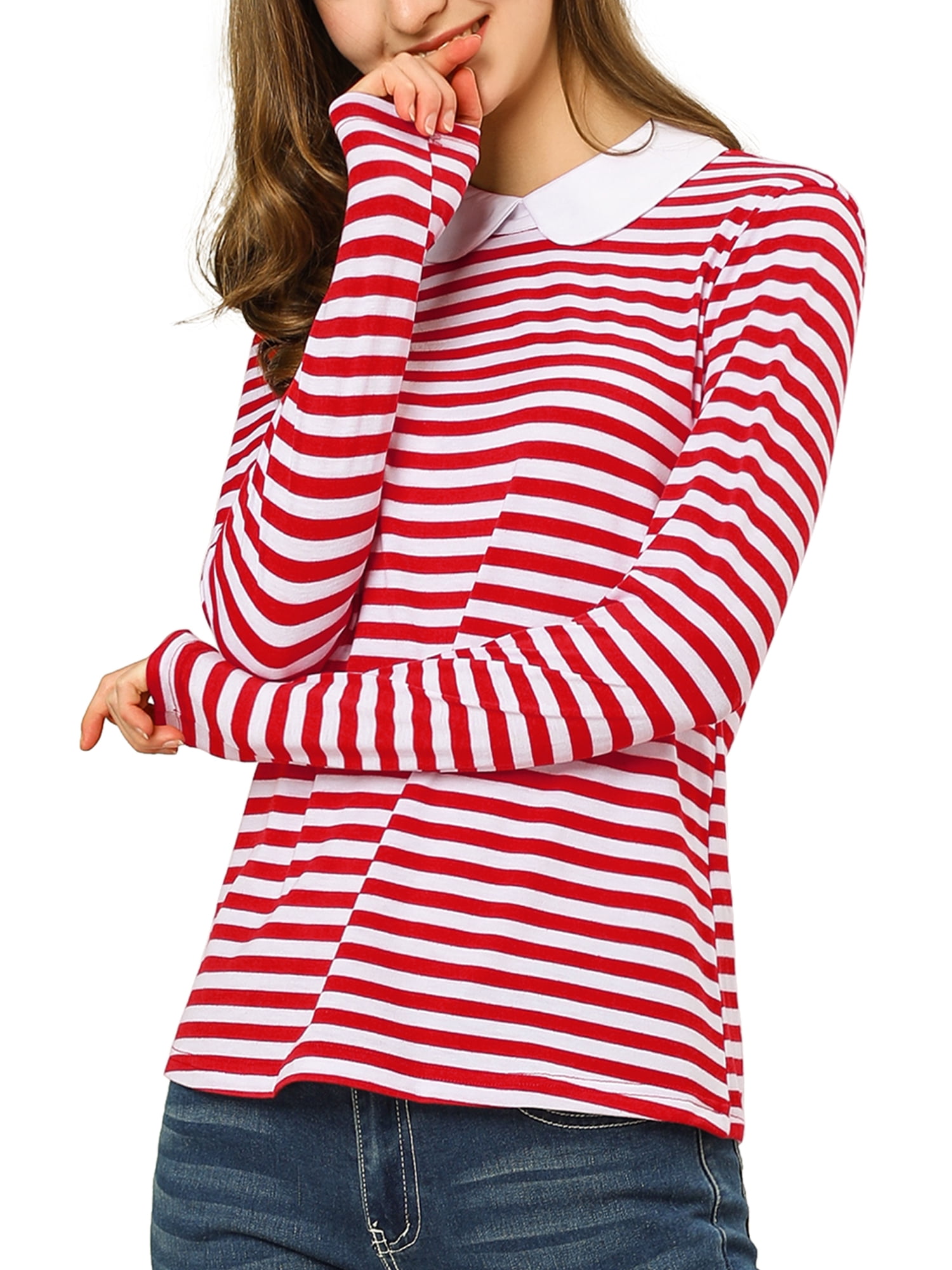 DARING DIVA Peter Pan Collar Striped Top XL Red - Walmart.com