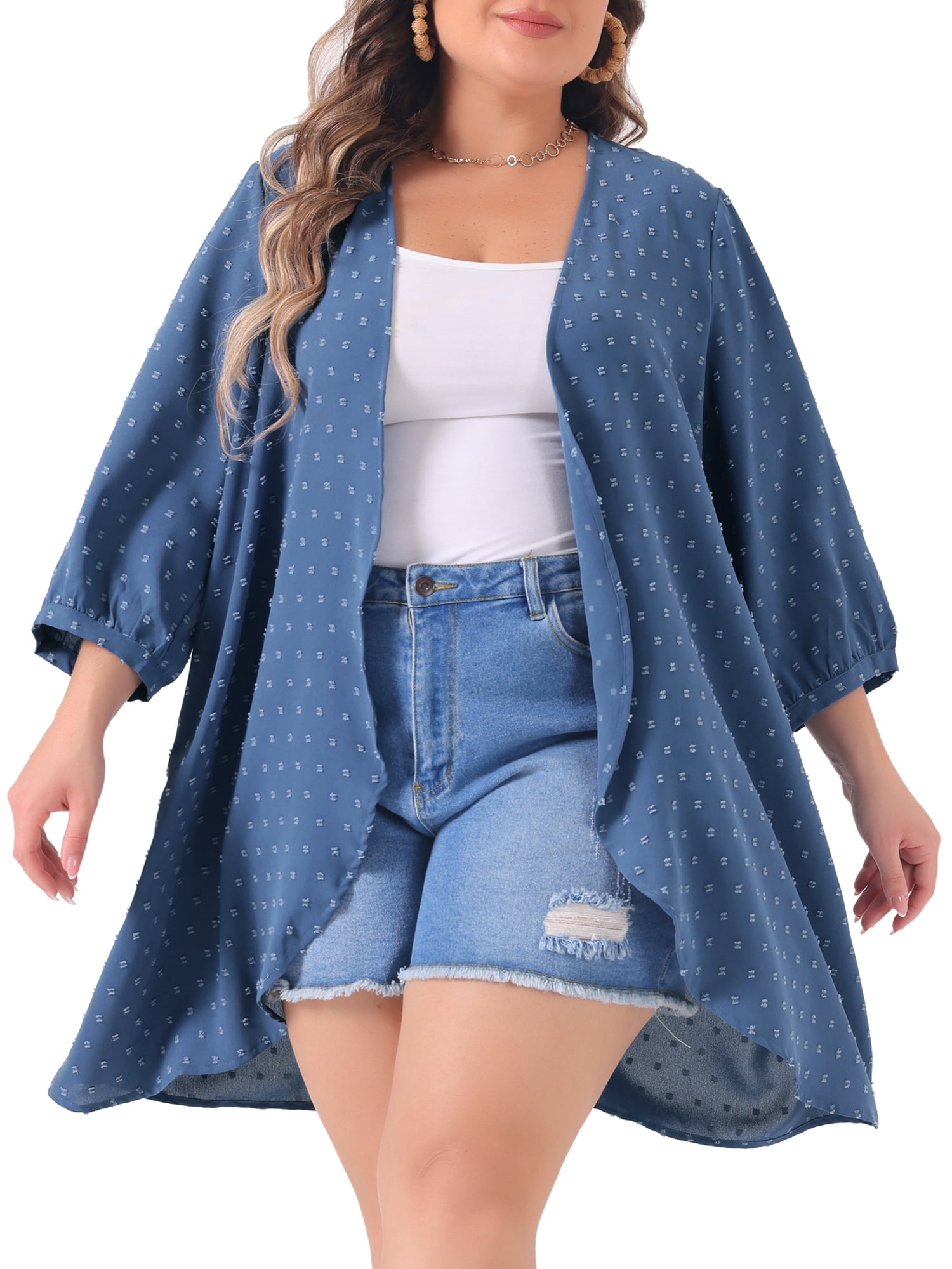 DARING DIVA Plus Size 3/4 Sleeve Swiss Dots Cover Up Cardigan 2X Blue ...