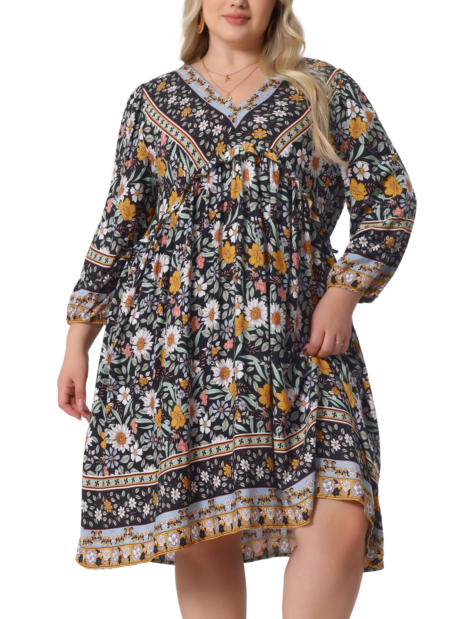 DARING DIVA Plus Size Casual Boho Floral V Neck 3/4 Sleeve Dress 2X Black Yellow - Walmart.com