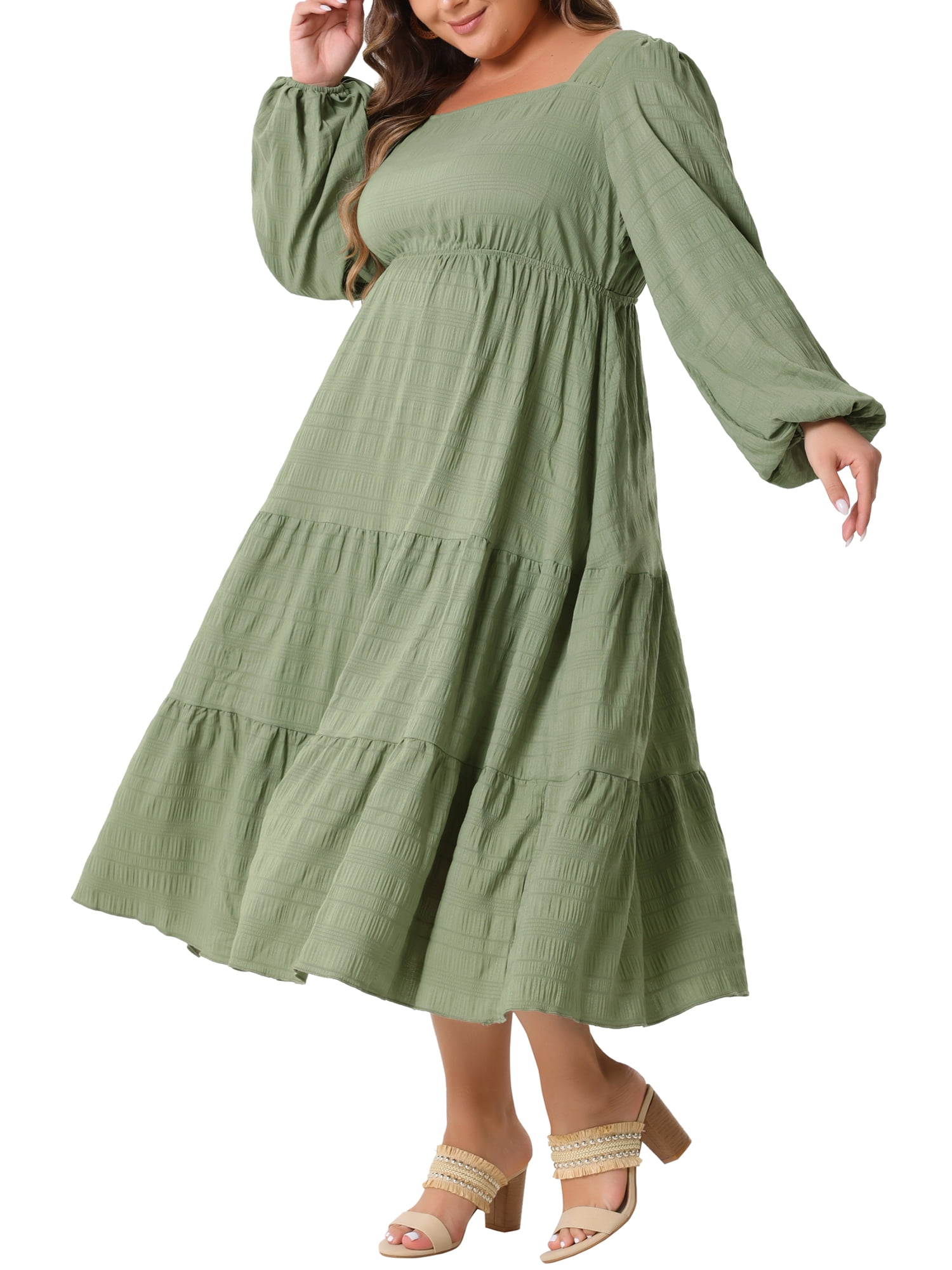 DARING DIVA Plus Size Casual Midi Square Neck Long SleeveTiered Dress ...
