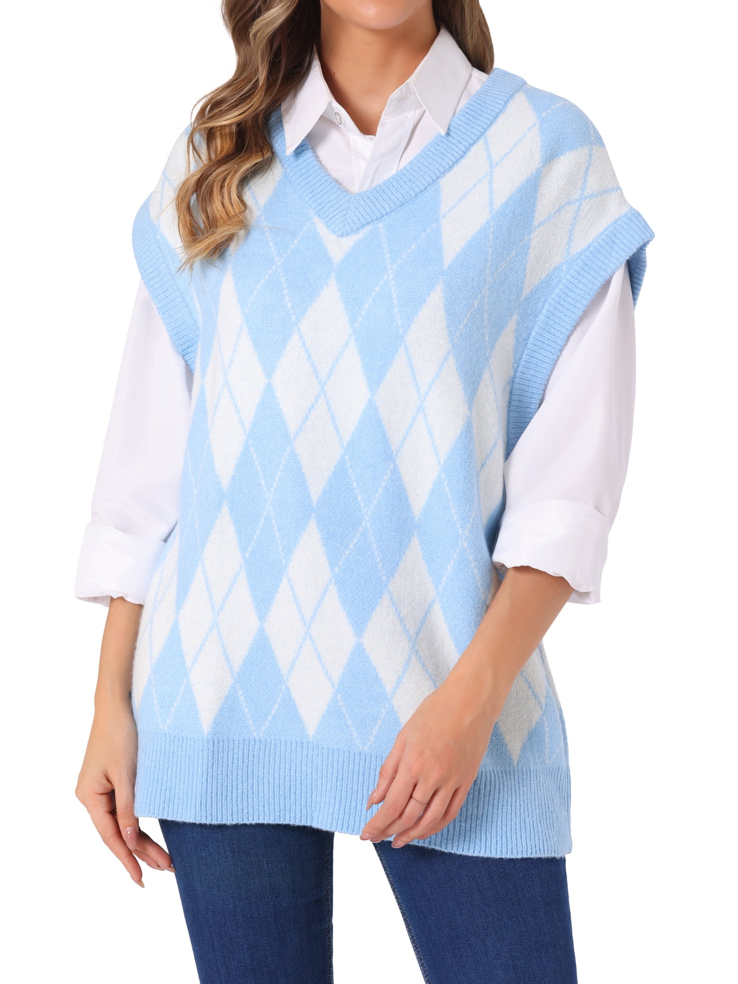 DARING DIVA Plus Size Contrast Color Sweater Vest Knit Pullover M Blue ...