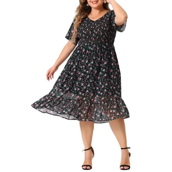 DARING DIVA Plus Size Elegant Floral Outfits Flare Midi Dress 4X Black ...