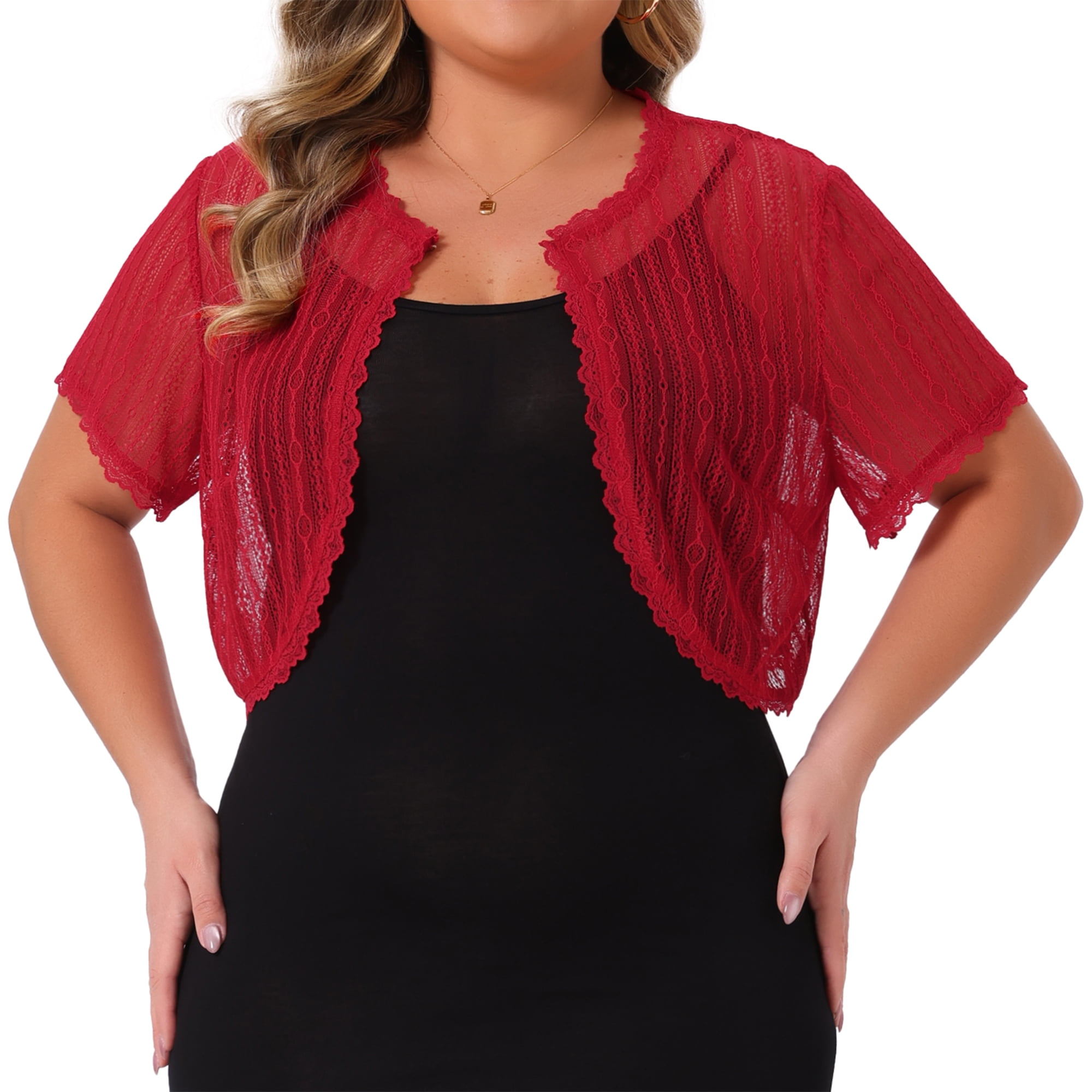 DARING DIVA Plus Size Lace Shrugs Sheer Short Sleeve Bolero Tops 4X Red ...