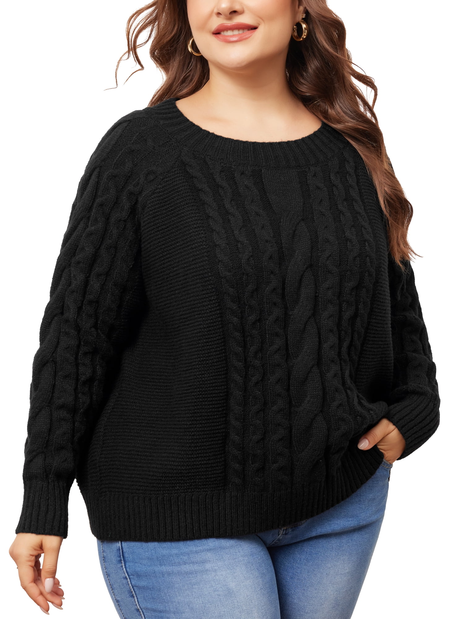 DARING DIVA Plus Size Long Sleeve Crewneck Fisherman Cable Pullover ...