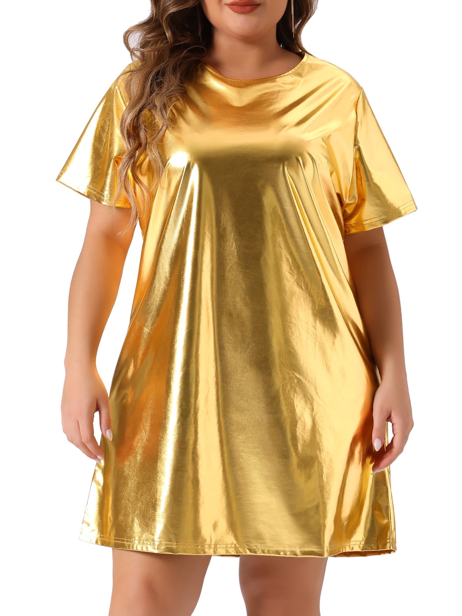 DARING DIVA Plus Size Metallic Round Neck Short Sleeve Mini Dress 4X ...