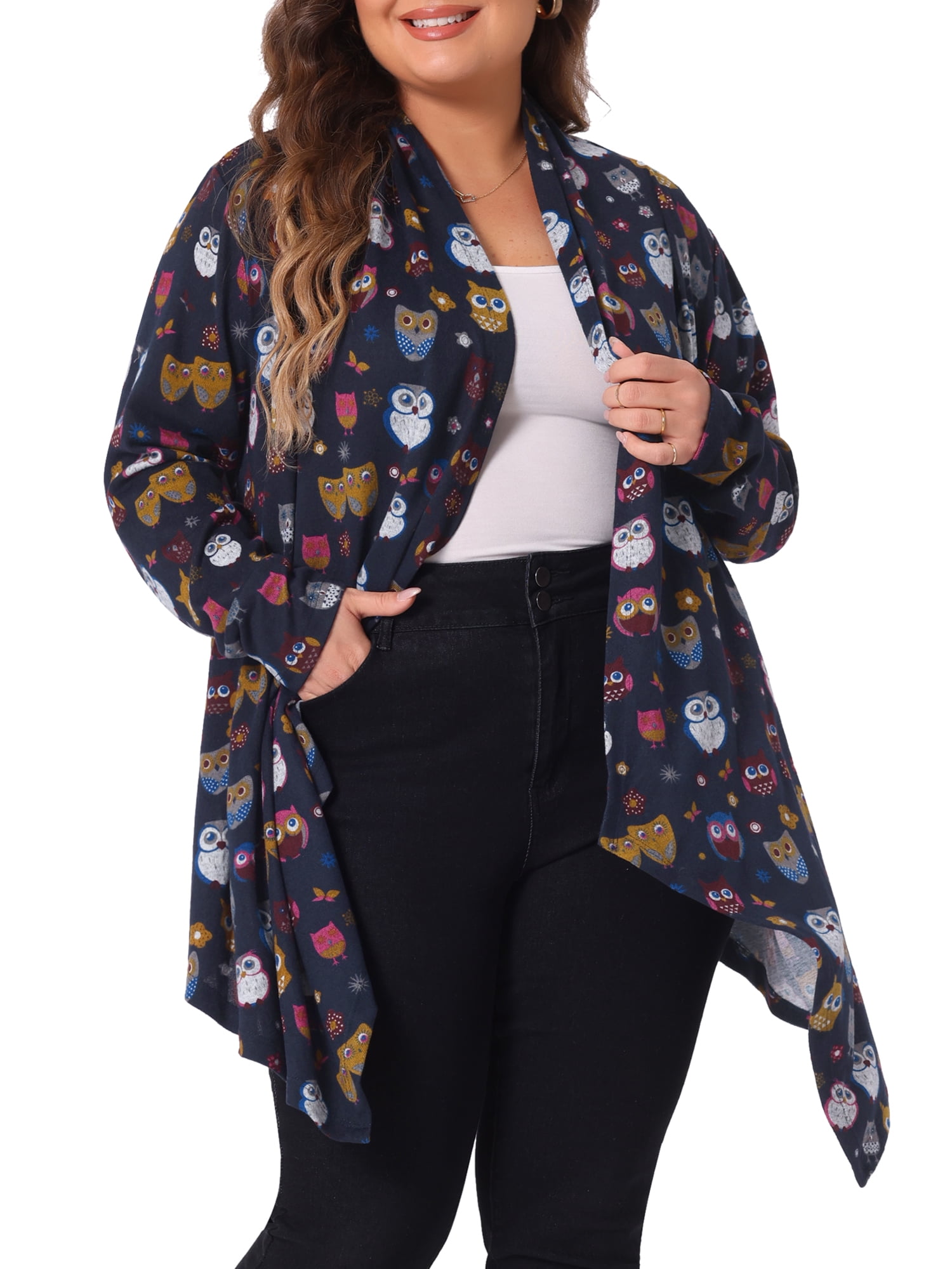 DARING DIVA Plus Size Owl Flowy Print Loose Open Front Sweater 4X Navy ...