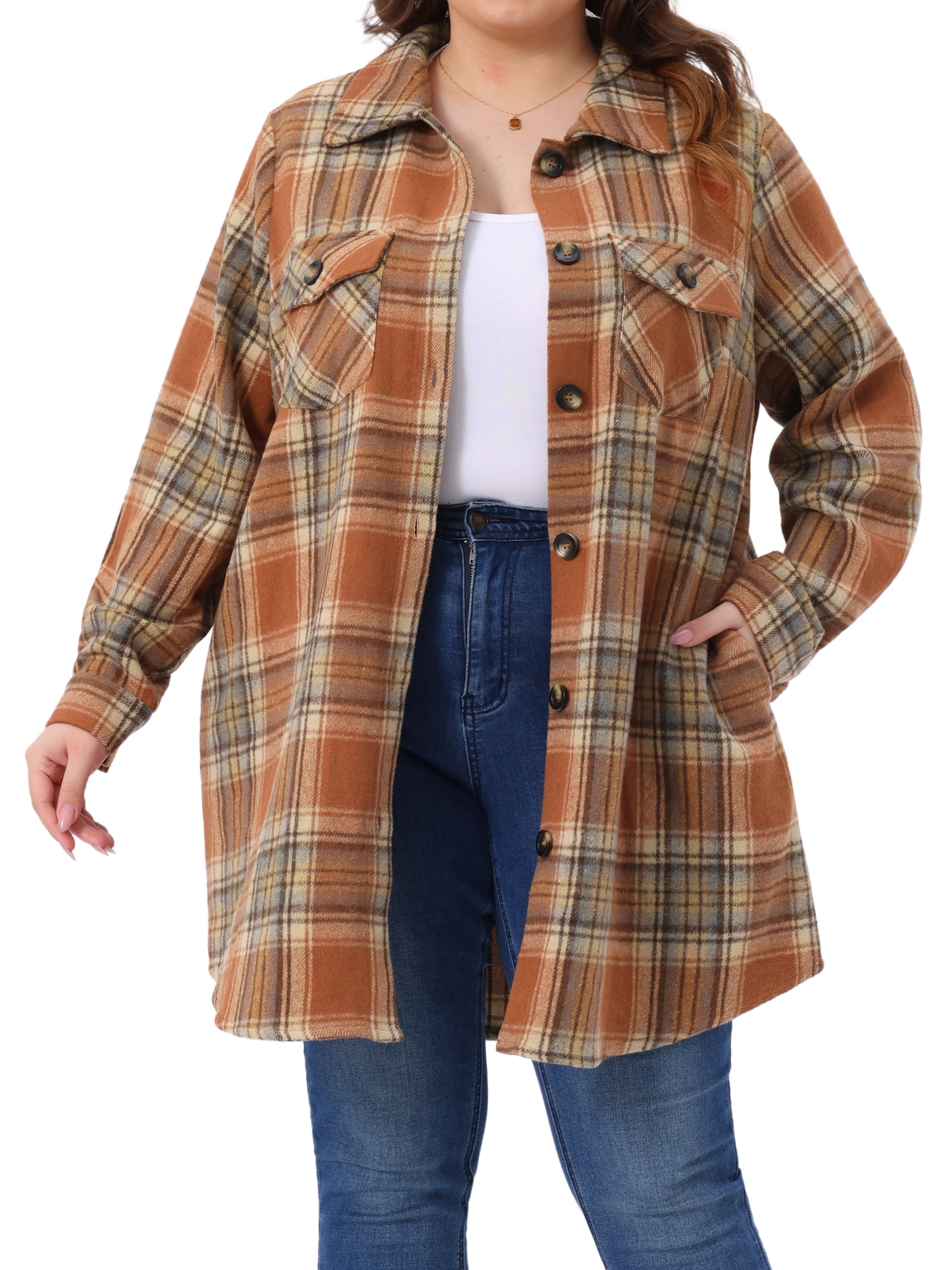 DARING DIVA Plus Size Plaid Shacket Long Sleeve Flannel Fashion Jacket ...