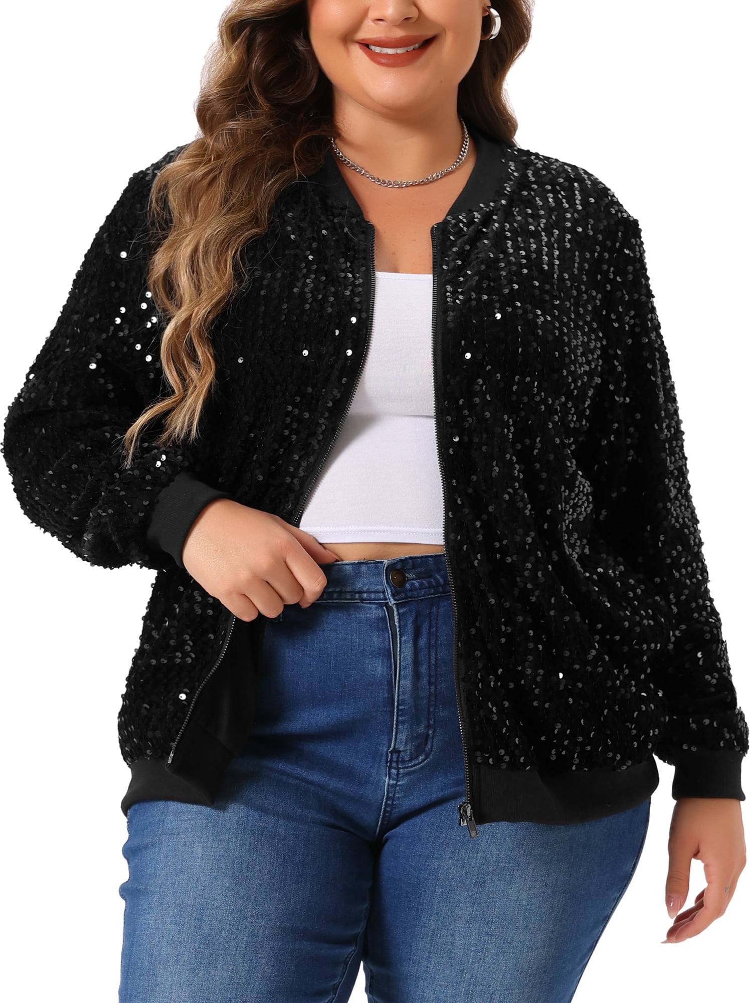 DARING DIVA Plus Size Sequin Sparkle Long Sleeve Front Zip Bomber ...