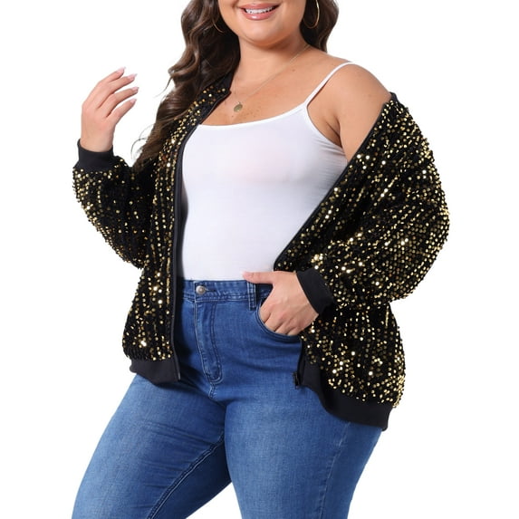 DARING DIVA Plus Size Sequin Sparkle Long Sleeve Front Zip Bomber ...