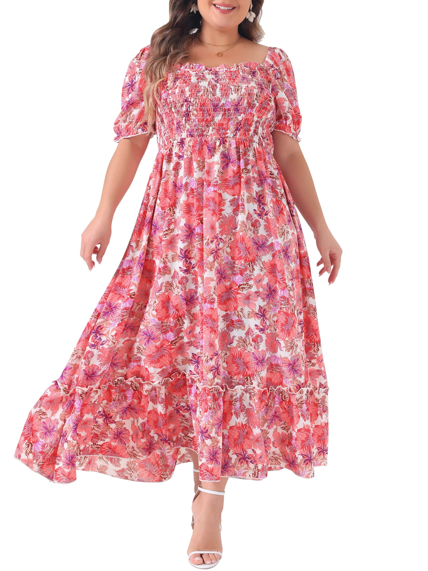DARING DIVA Plus Size Short Sleeve Square Neck Maxi Floral Dress 4X Hot Pink - Walmart.com