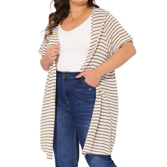 DARING DIVA Plus Size Stripe Short Sleeve Open Front Cardigan 4X Khaki ...