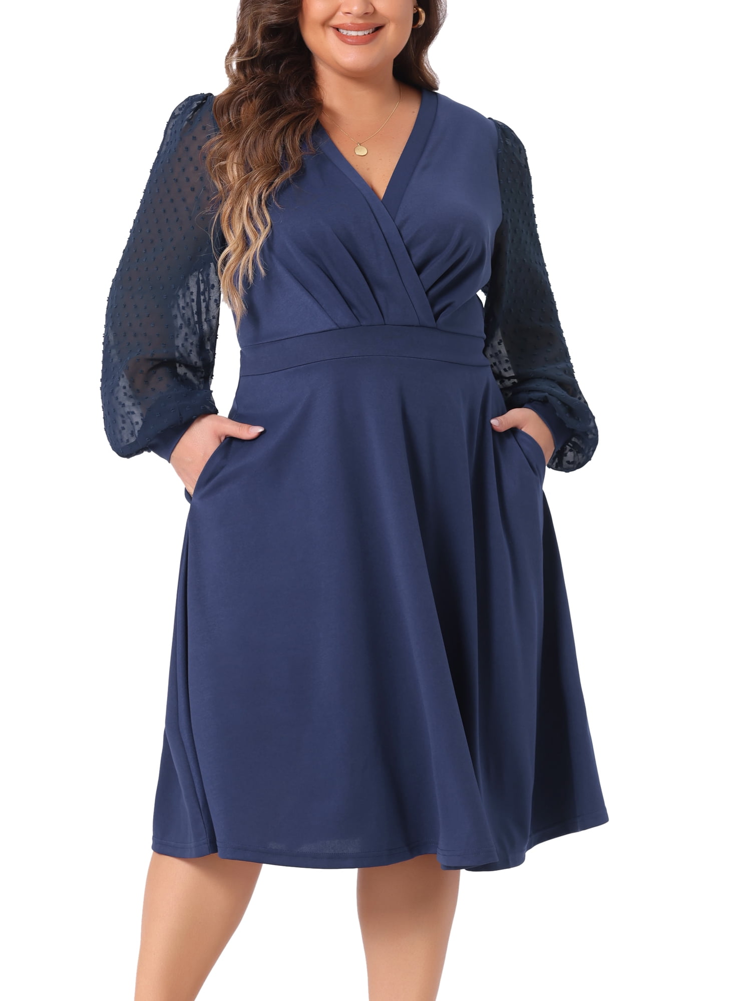 DARING DIVA Plus Size Swiss Dots Wrap V Neck Knee Length Dress 1X Navy Blue - Walmart.com