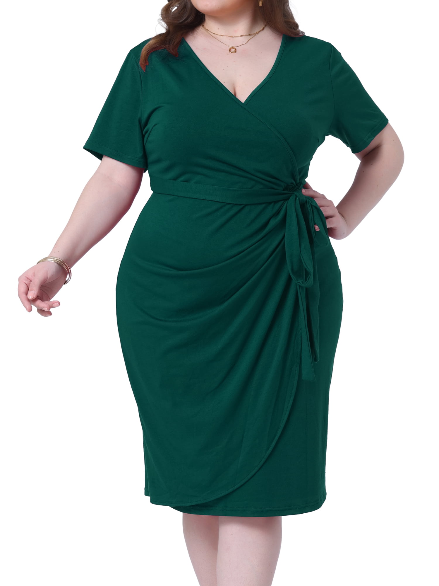 DARING DIVA Plus Size V Neck Ruched Wrap Belt Dress 3X Dark Green - Walmart.com