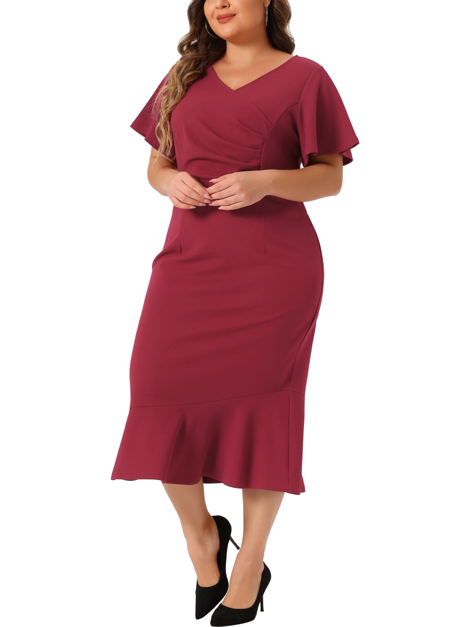 DARING DIVA Plus Size V Neck Ruffled Short Sleeves Dress 2X Burgundy ...