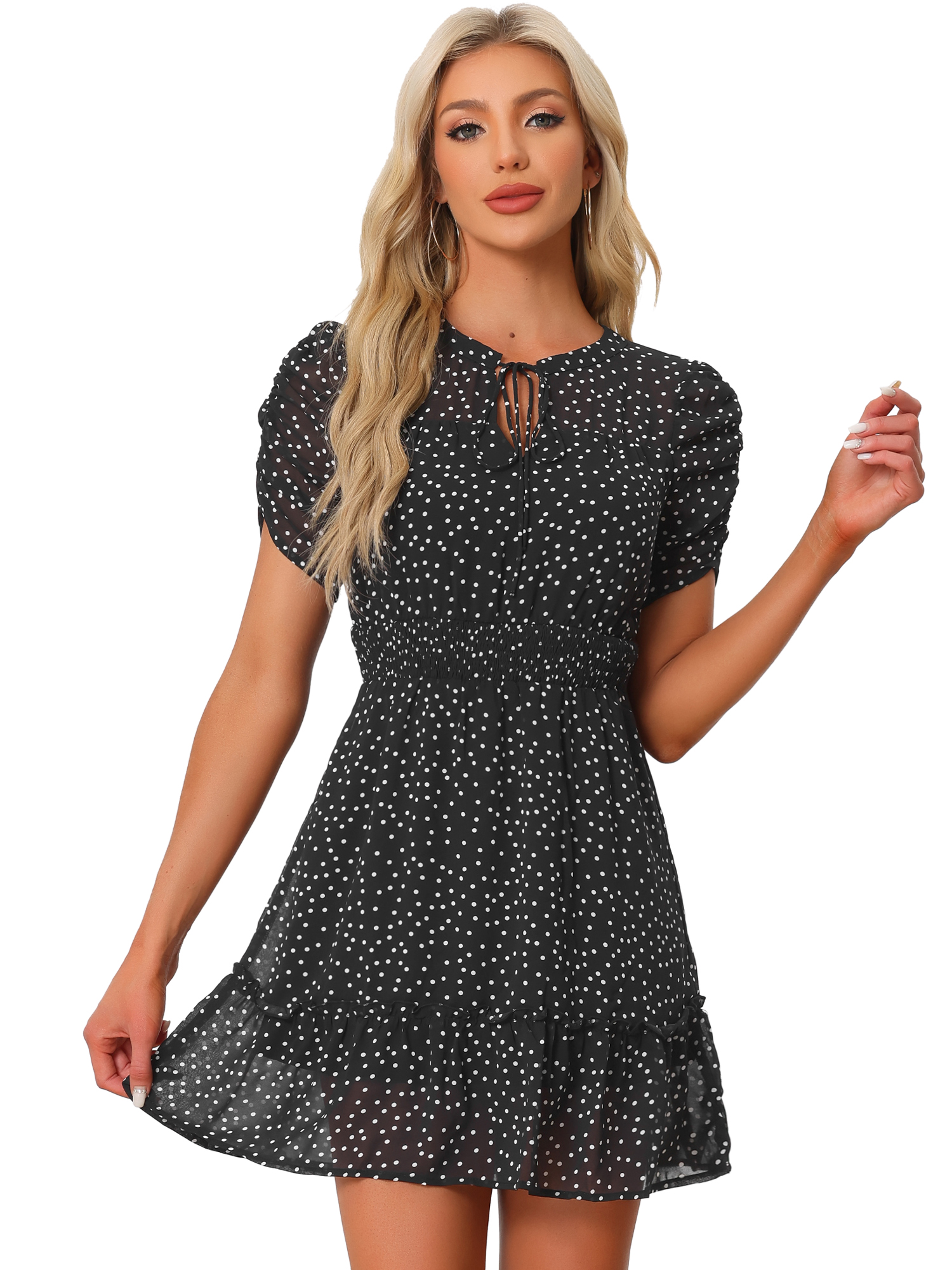 DARING DIVA Polka Dots Sheer Sleeves Bow Tie Neck Mini Dress S Black ...