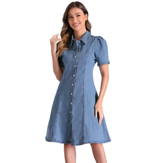 DARING DIVA Puff Sleeve Collared A-Line Dress S Light Blue - Walmart.com