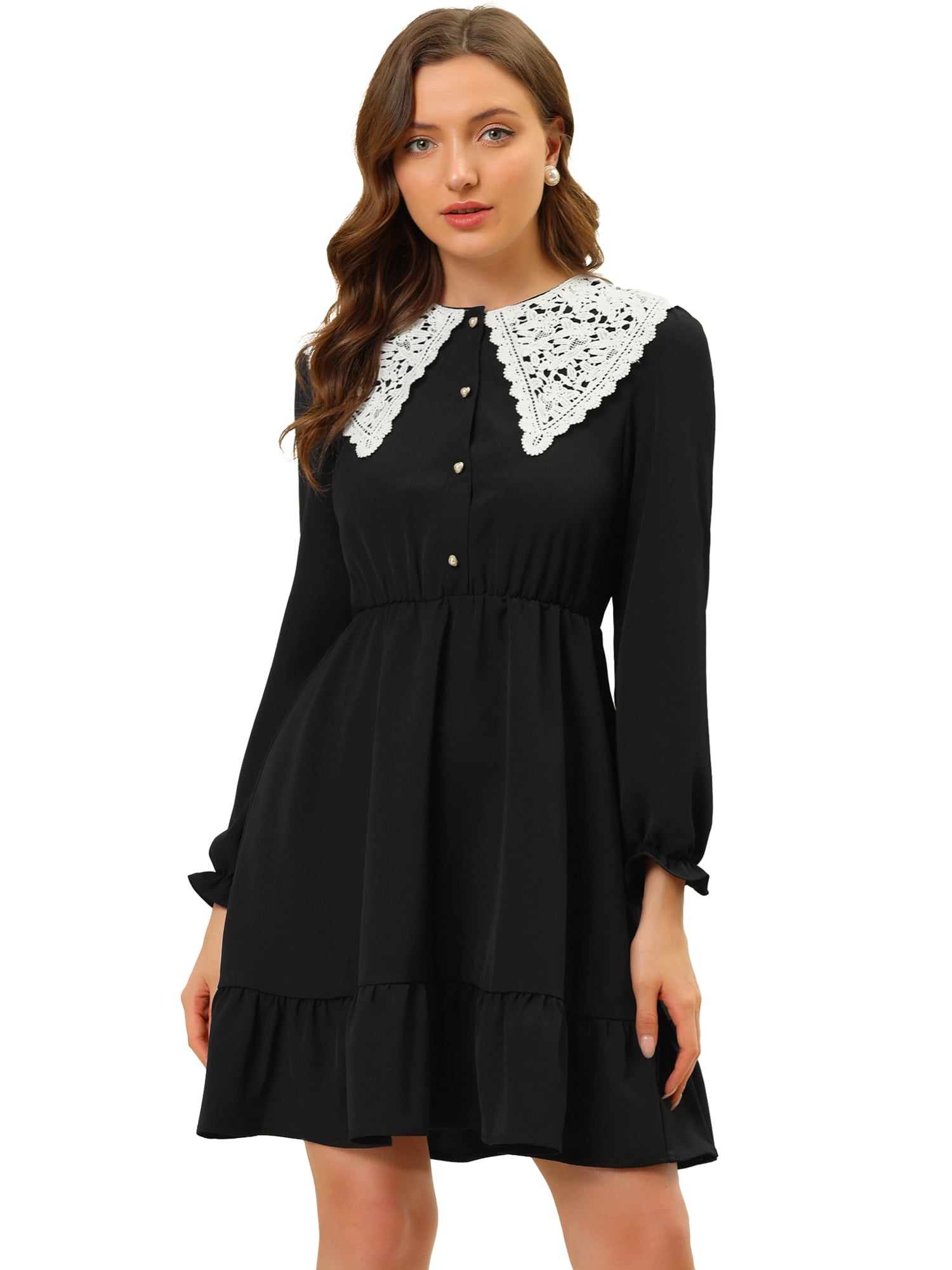 DARING DIVA Retro Ruffle Hem A-Line Lace Panel Peter Pan Collar Dress M ...