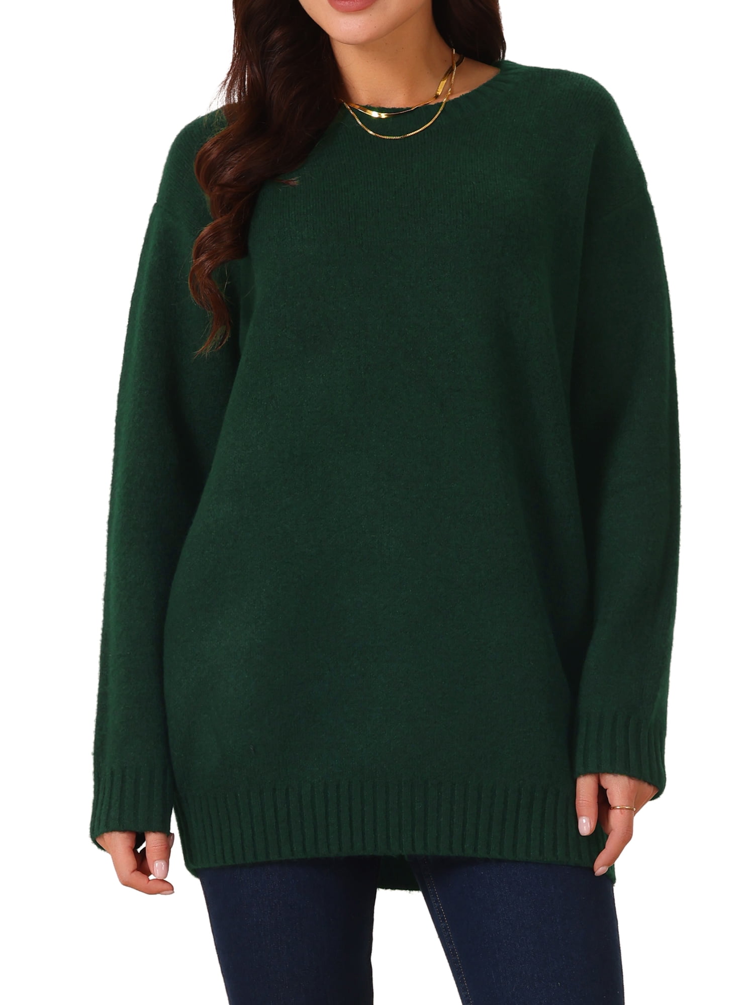 DARING DIVA Round Neck Pullover Long Sleeve Casual Sweater M Dark Green ...