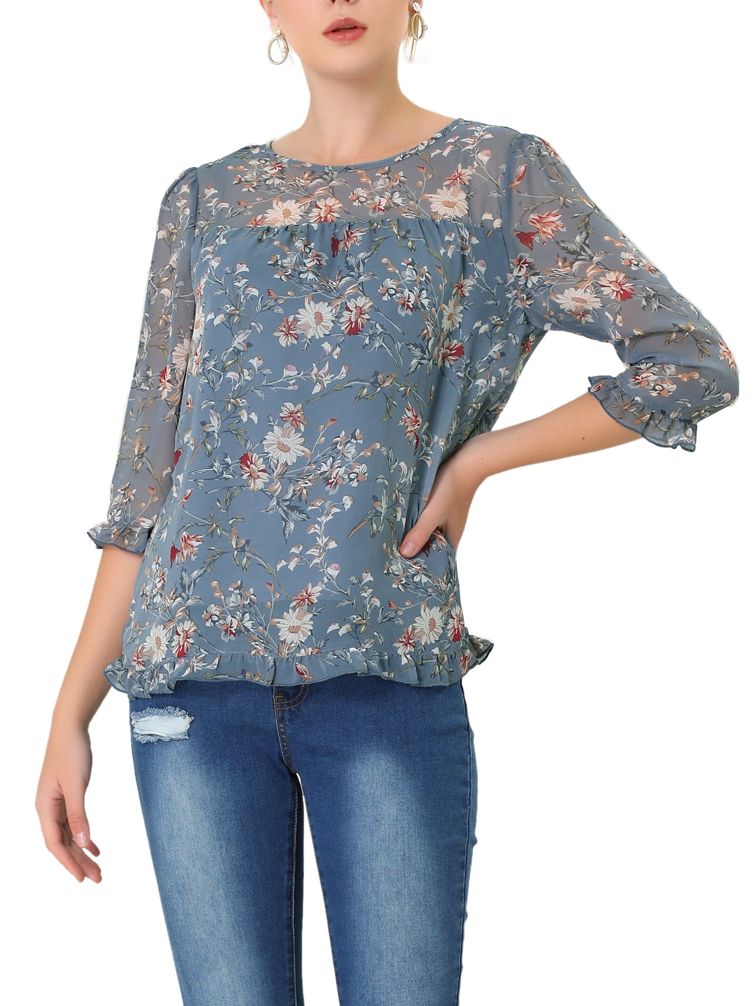 DARING DIVA Round Neck Ruffle Hem Floral Blouse Top XS Grey Blue ...
