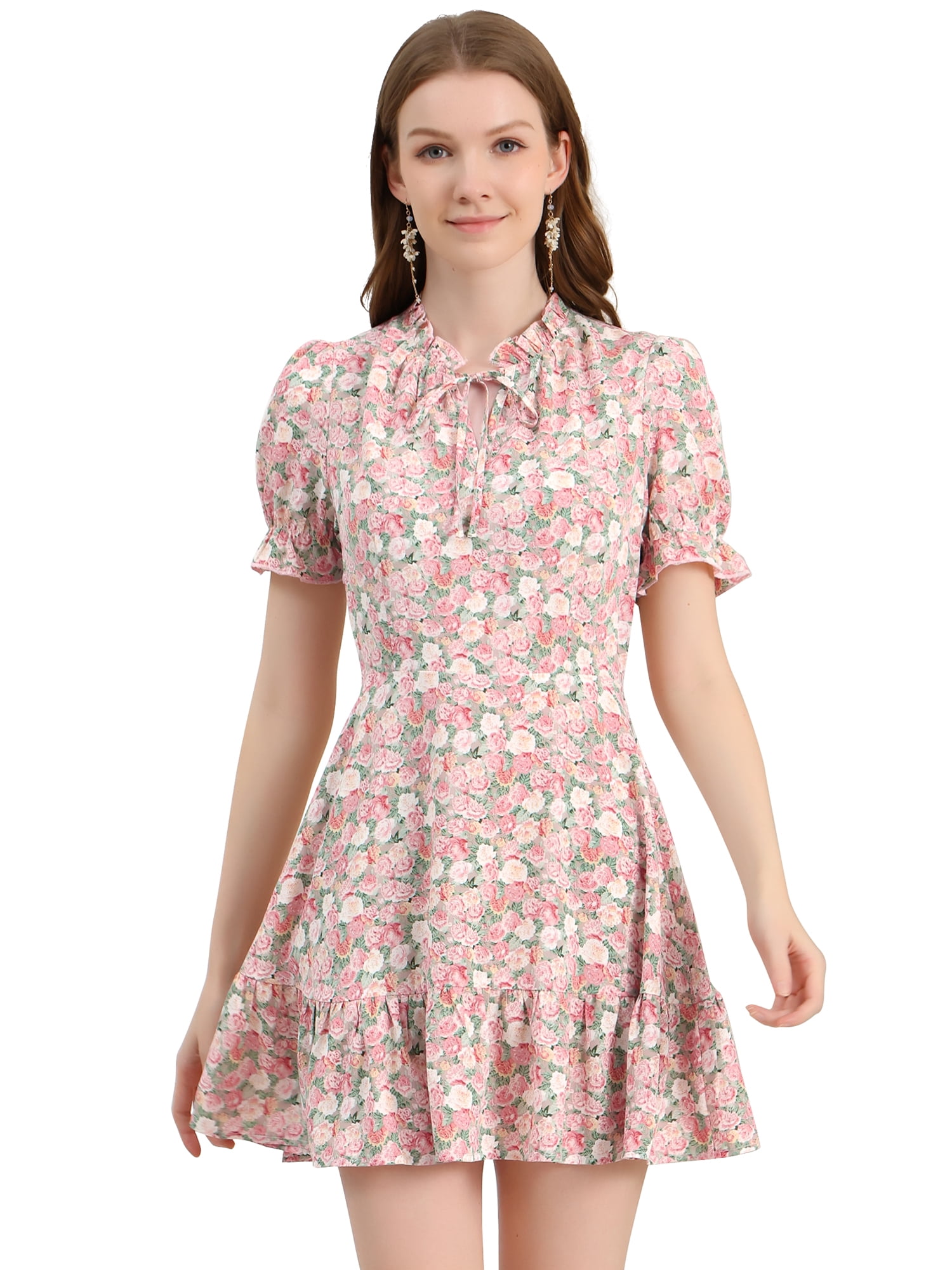 DARING DIVA Ruffle Floral Bow Tie Chiffon Puff Fit & Flare Dress M Pink ...