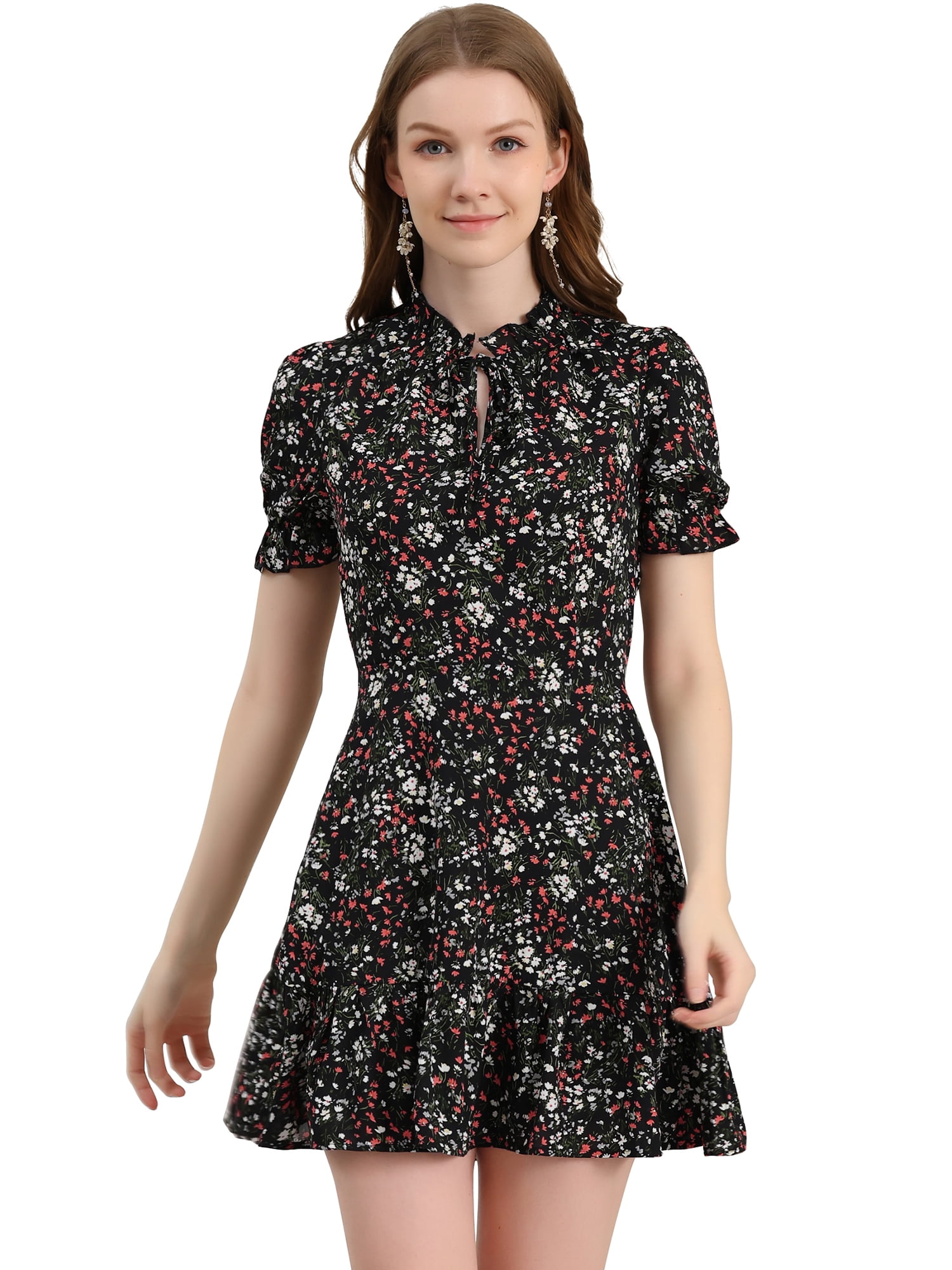 DARING DIVA Ruffle Floral Bow Tie Chiffon Puff Fit & Flare Dress XL ...