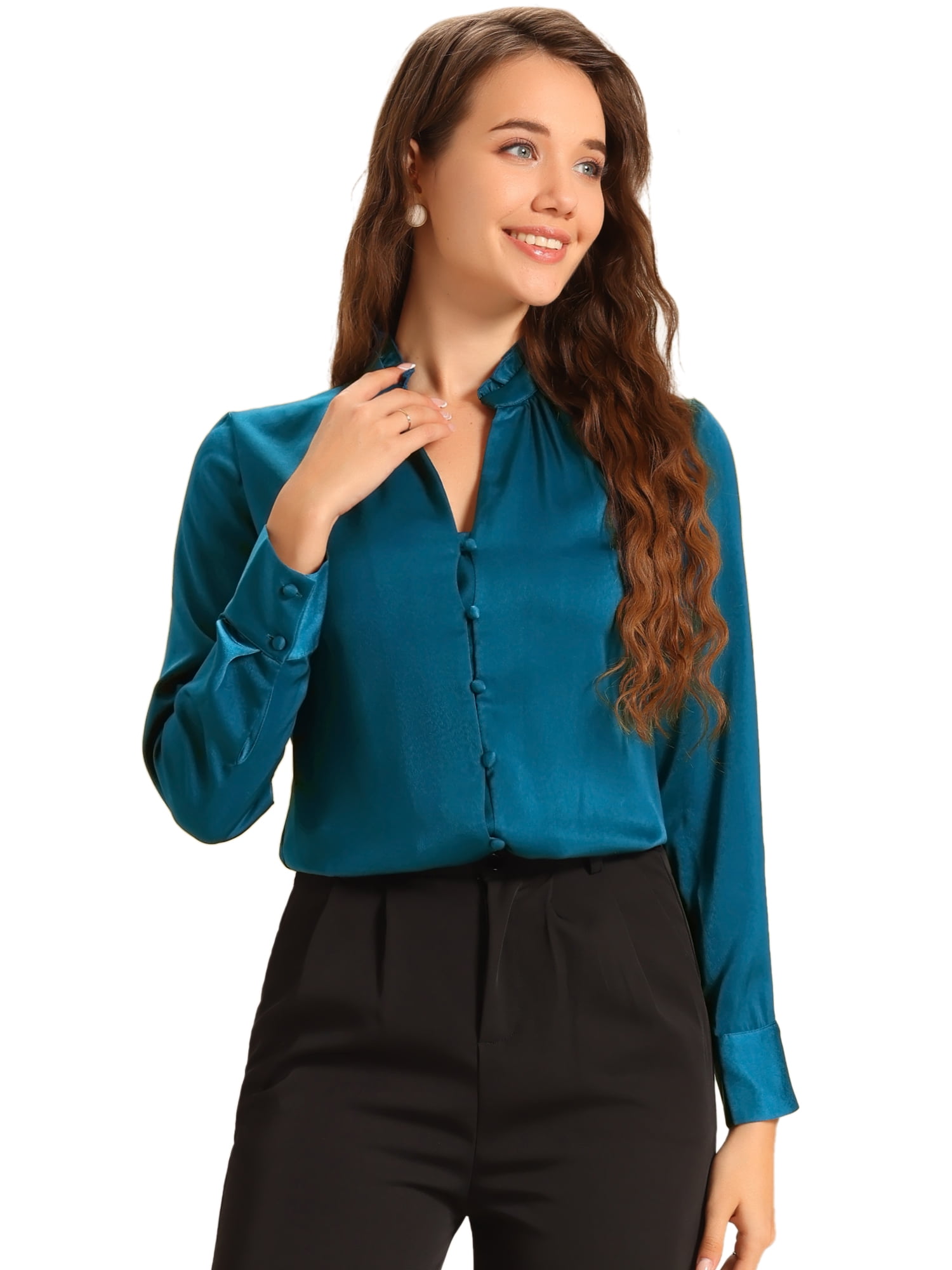 DARING DIVA Ruffled Satin Lantern Long Sleeve Blouse L Peacock Blue ...