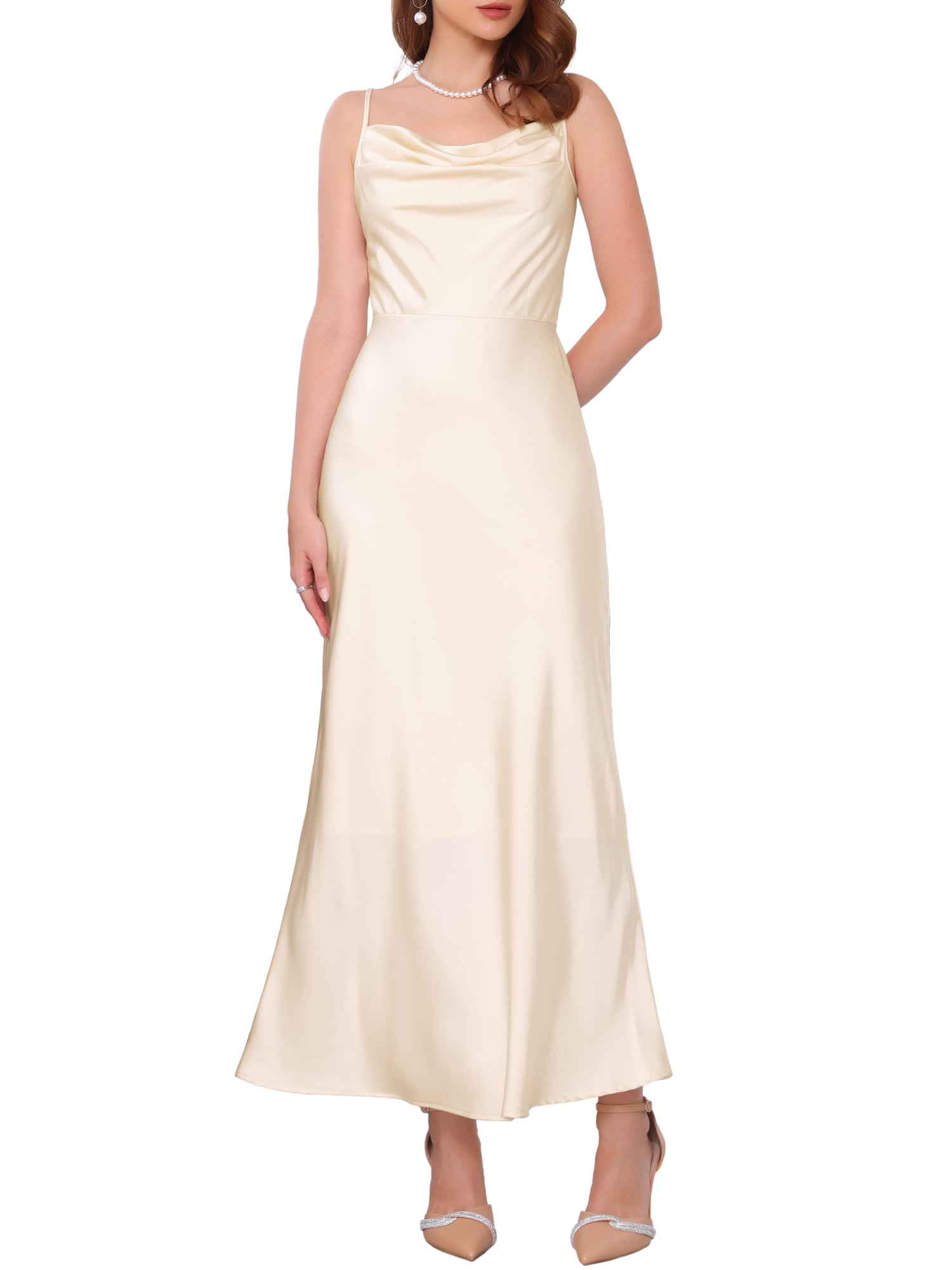 DARING DIVA Satin Spaghetti Strap Midi Cowl Neck Cocktail Dress L ...