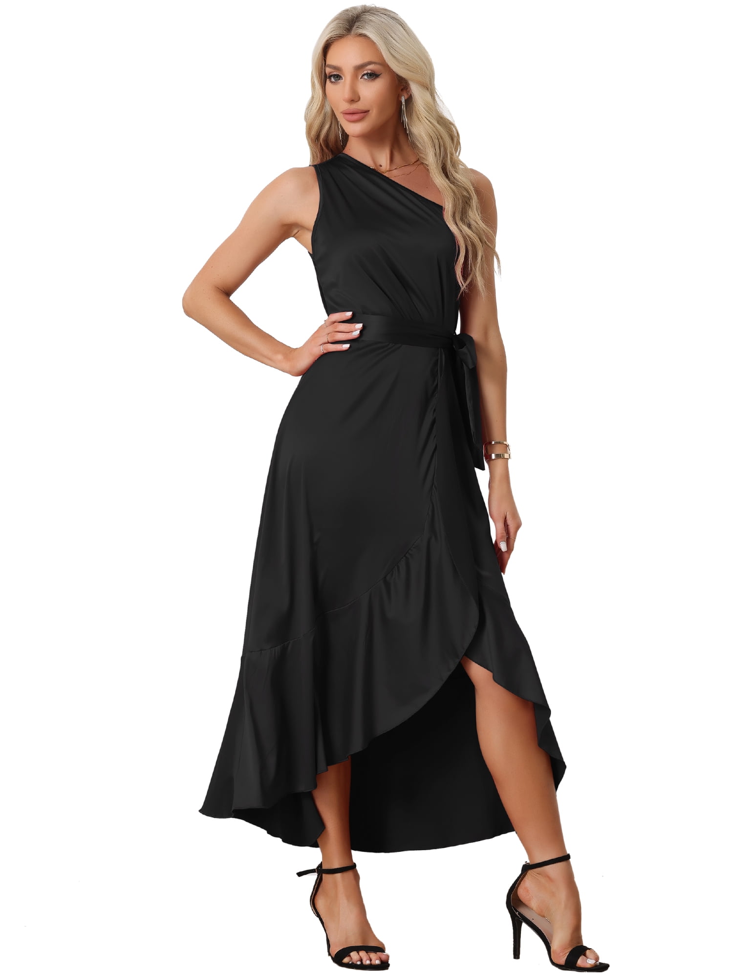 DARING DIVA Satin Split High Low Belted Ruffle Cocktail Dress XS Black ...