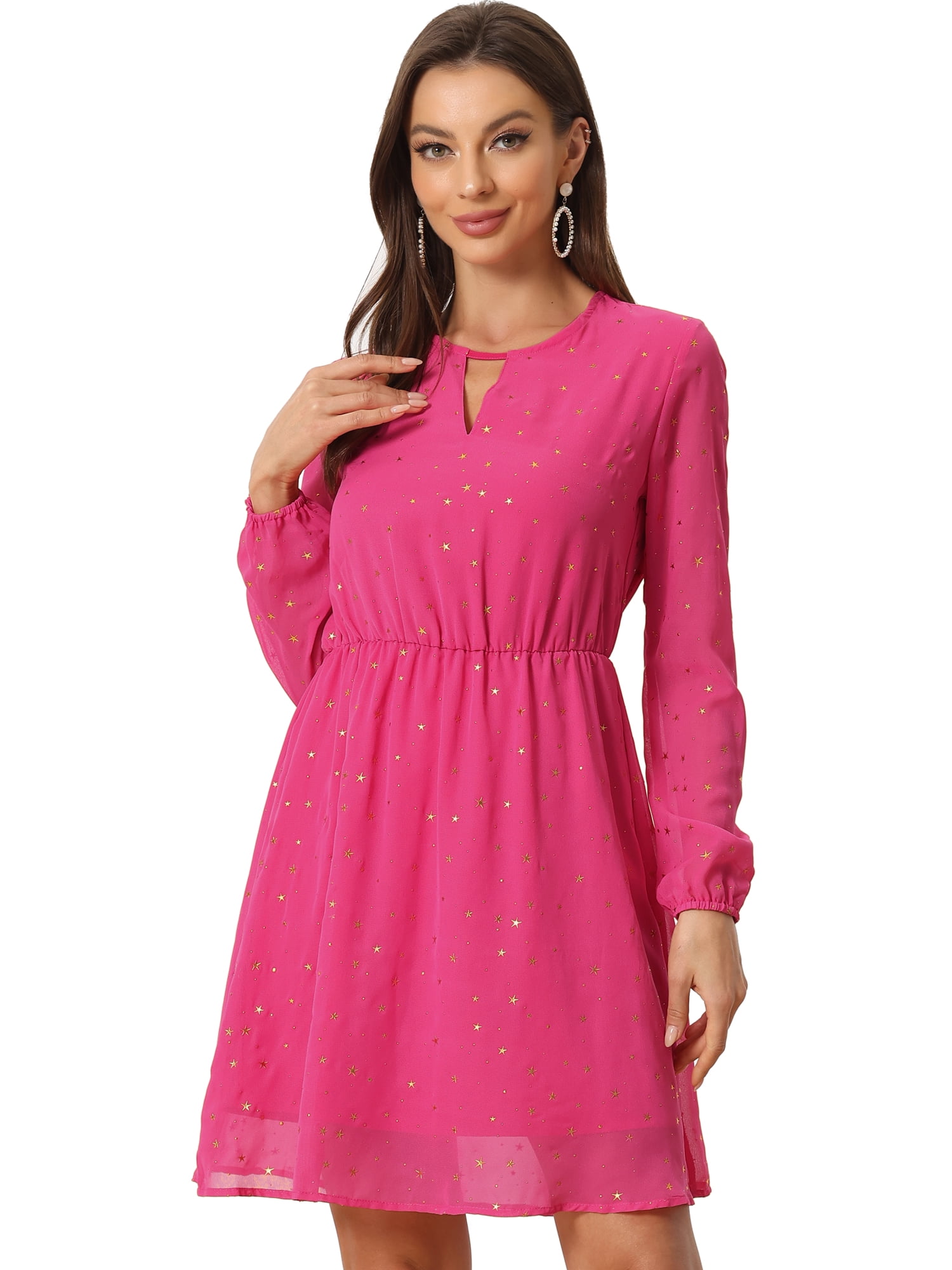DARING DIVA Shiny Star Choker V Neck Long Sleeve A-Line Dress M Hot ...