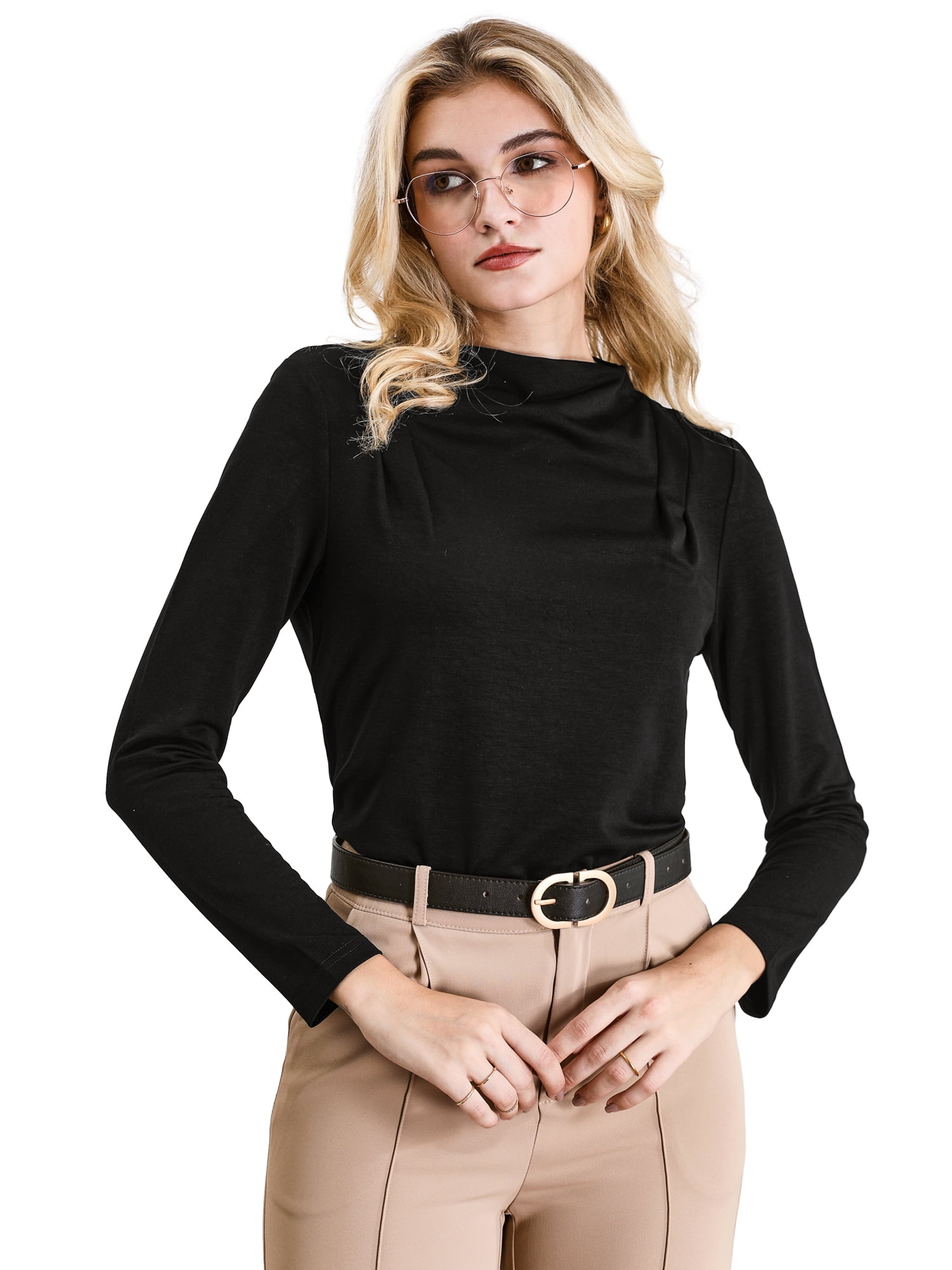 DARING DIVA Shirt Top Pleated Mock Neck Blouse XL Black - Walmart.com