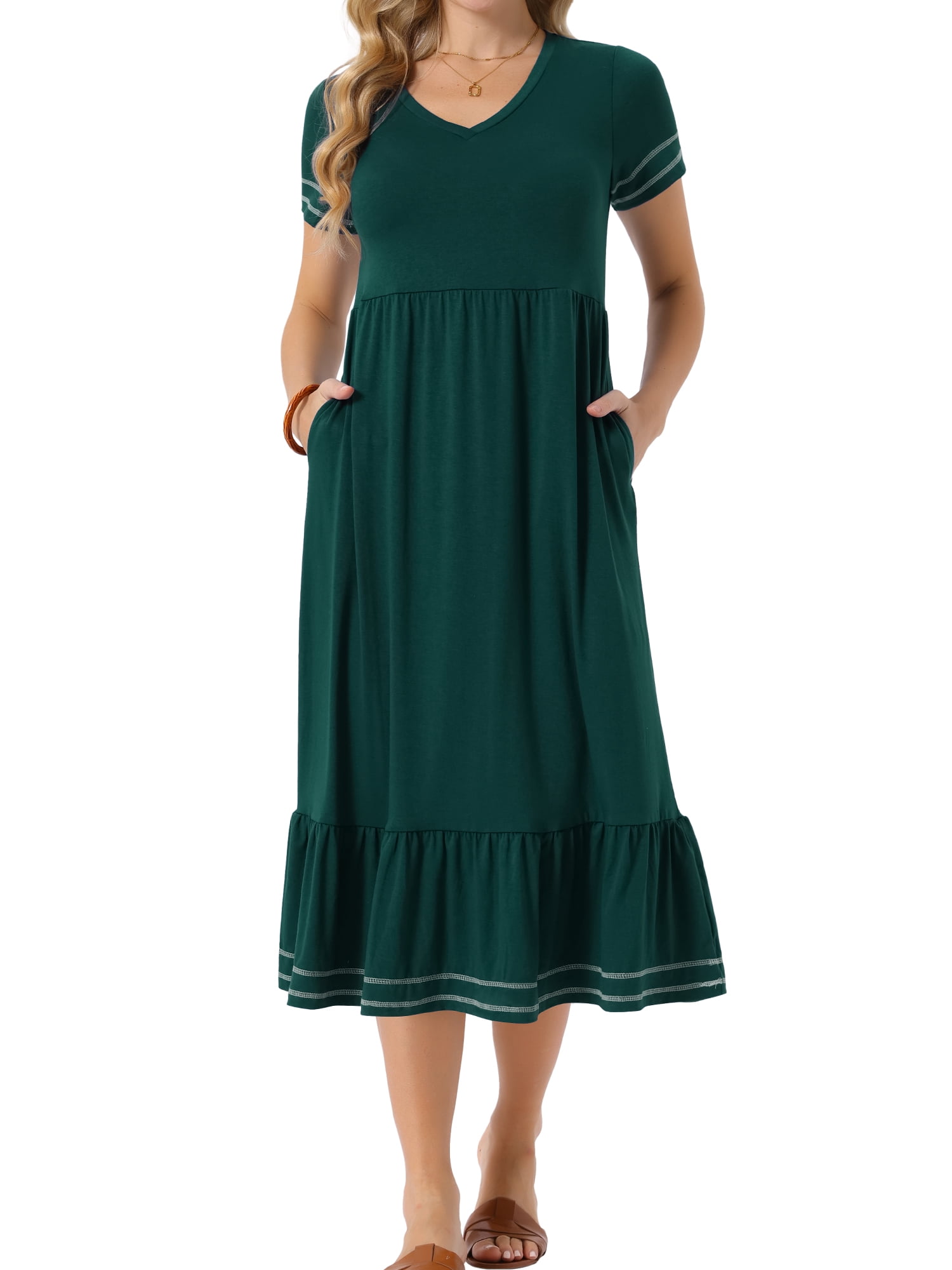 DARING DIVA Short Sleeve V Neck Contrast Trim Flowy Dress L Dark Green ...