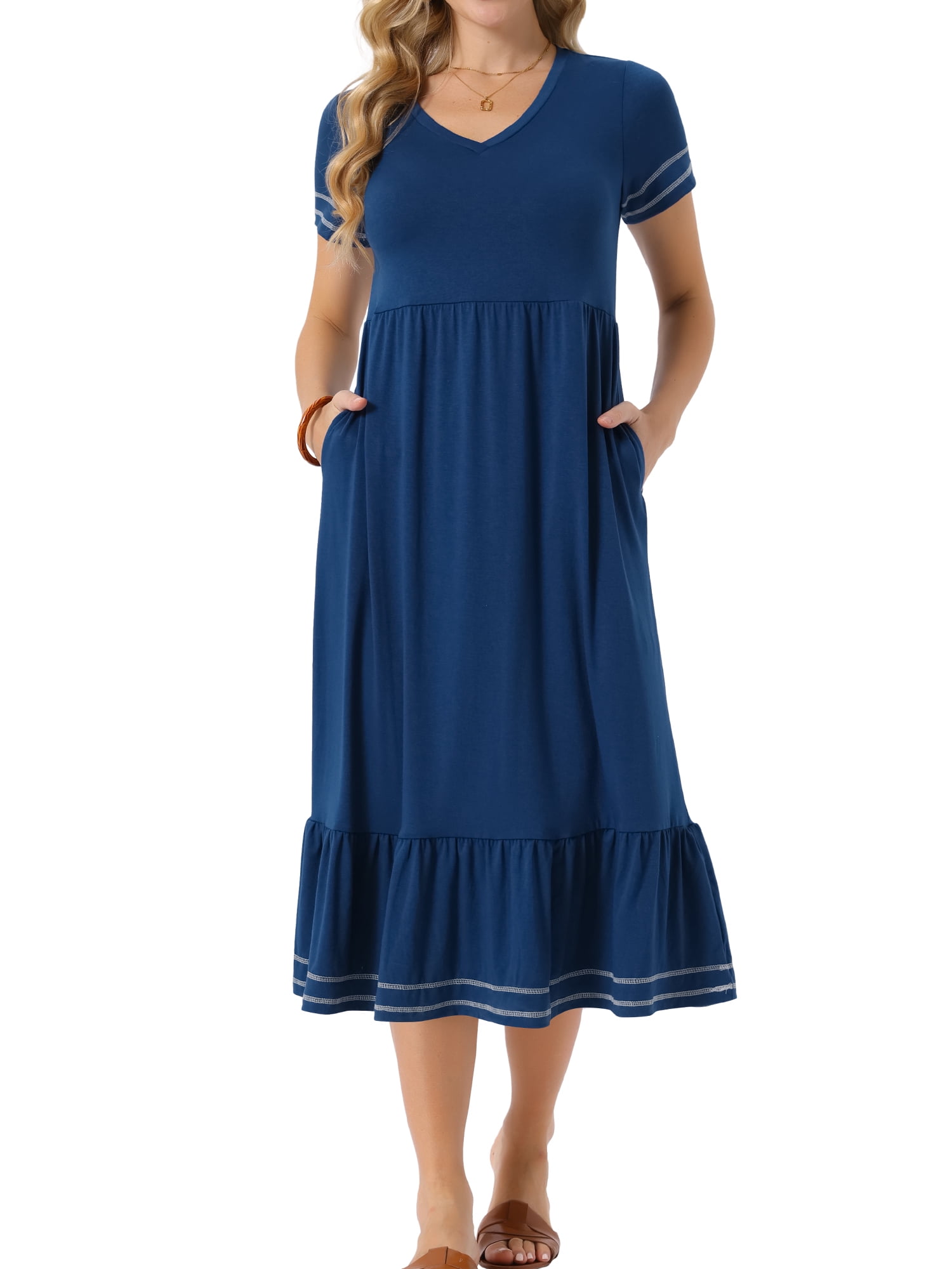 DARING DIVA Short Sleeve V Neck Contrast Trim Flowy Dress M Blue ...