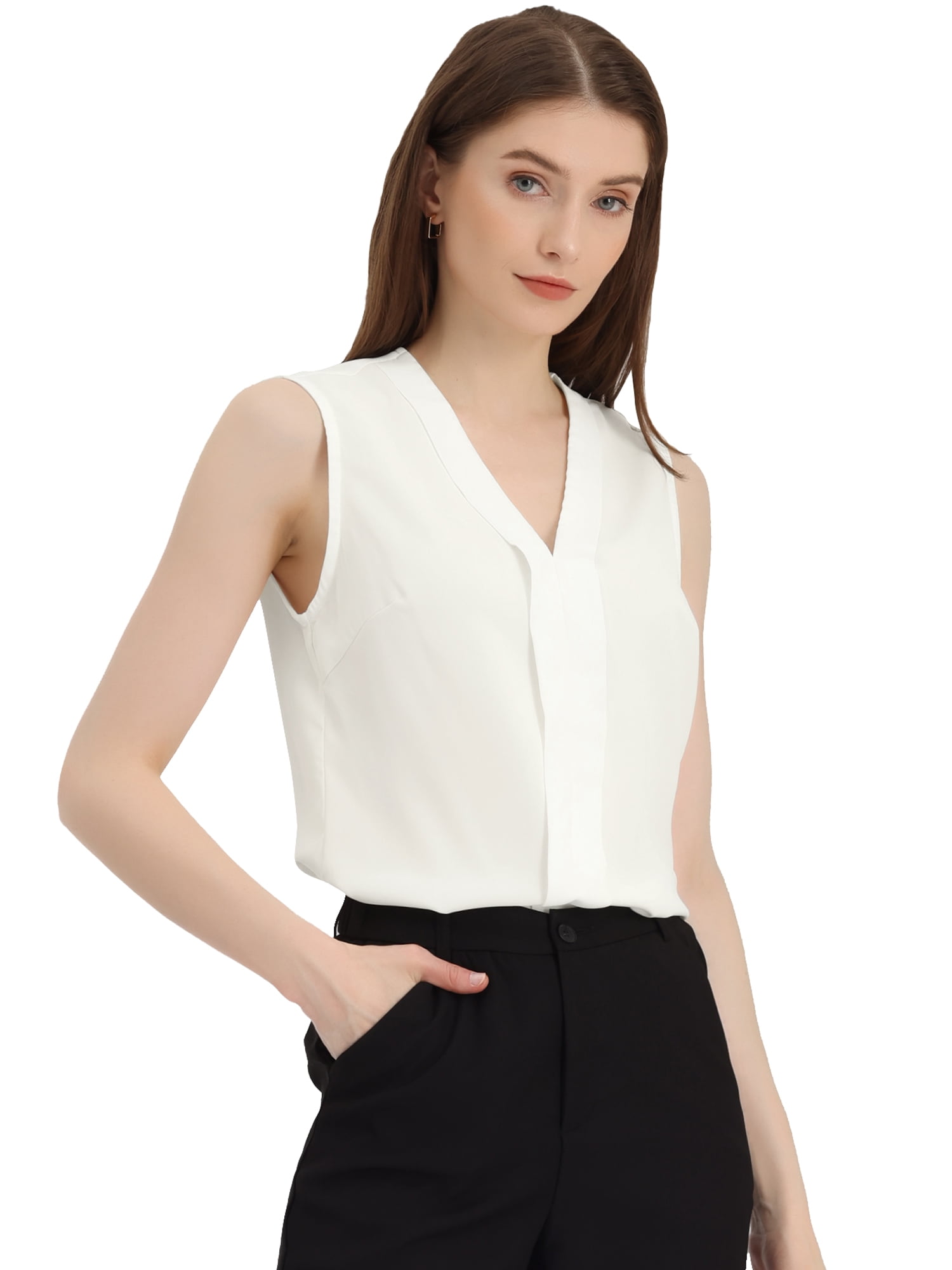DARING DIVA Sleeveless Pleated Front Work Office Blouse M White ...