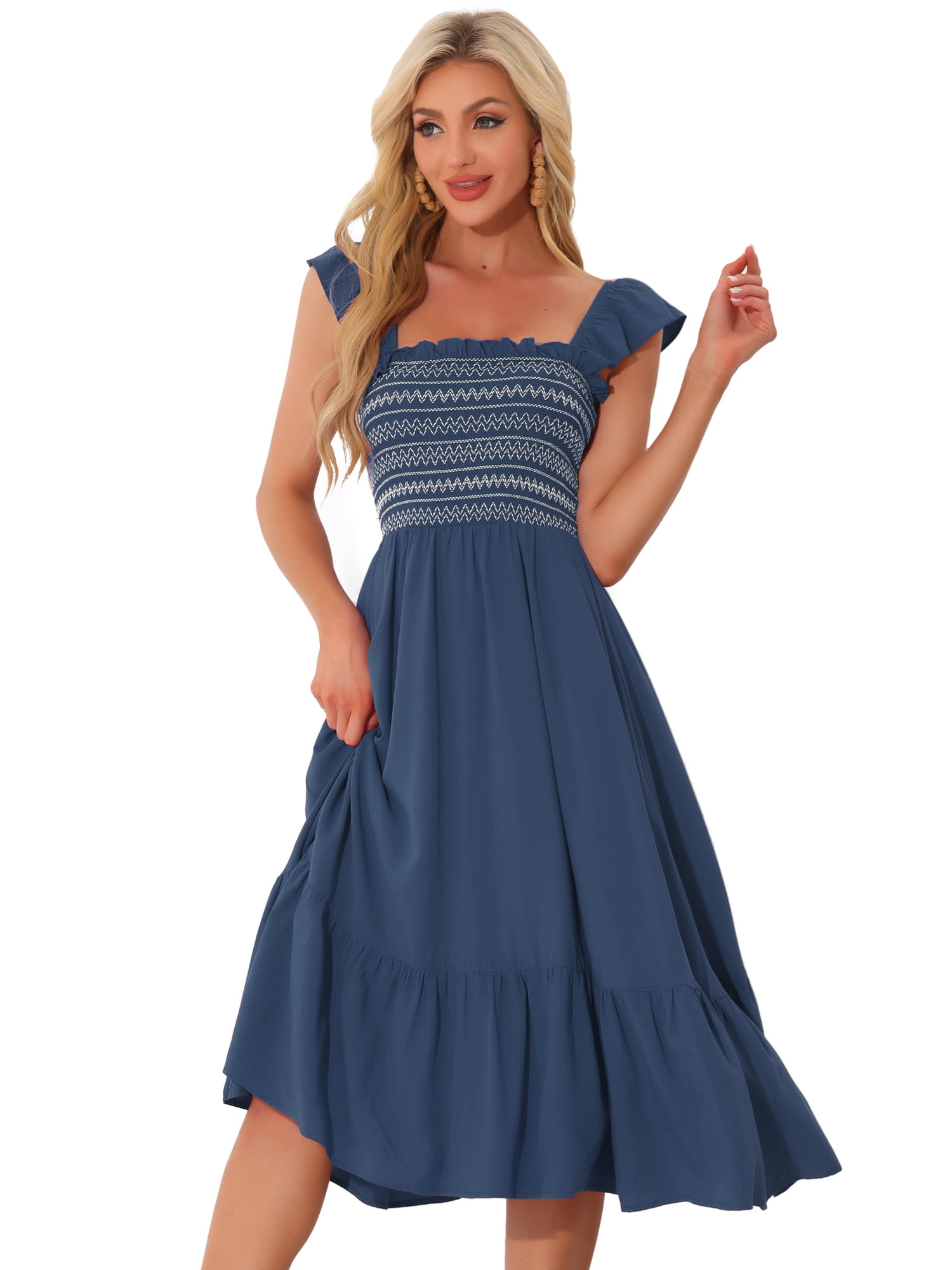 DARING DIVA Square Neck Boho Sleeveless Ruffle Tiered Smocked Sundress ...