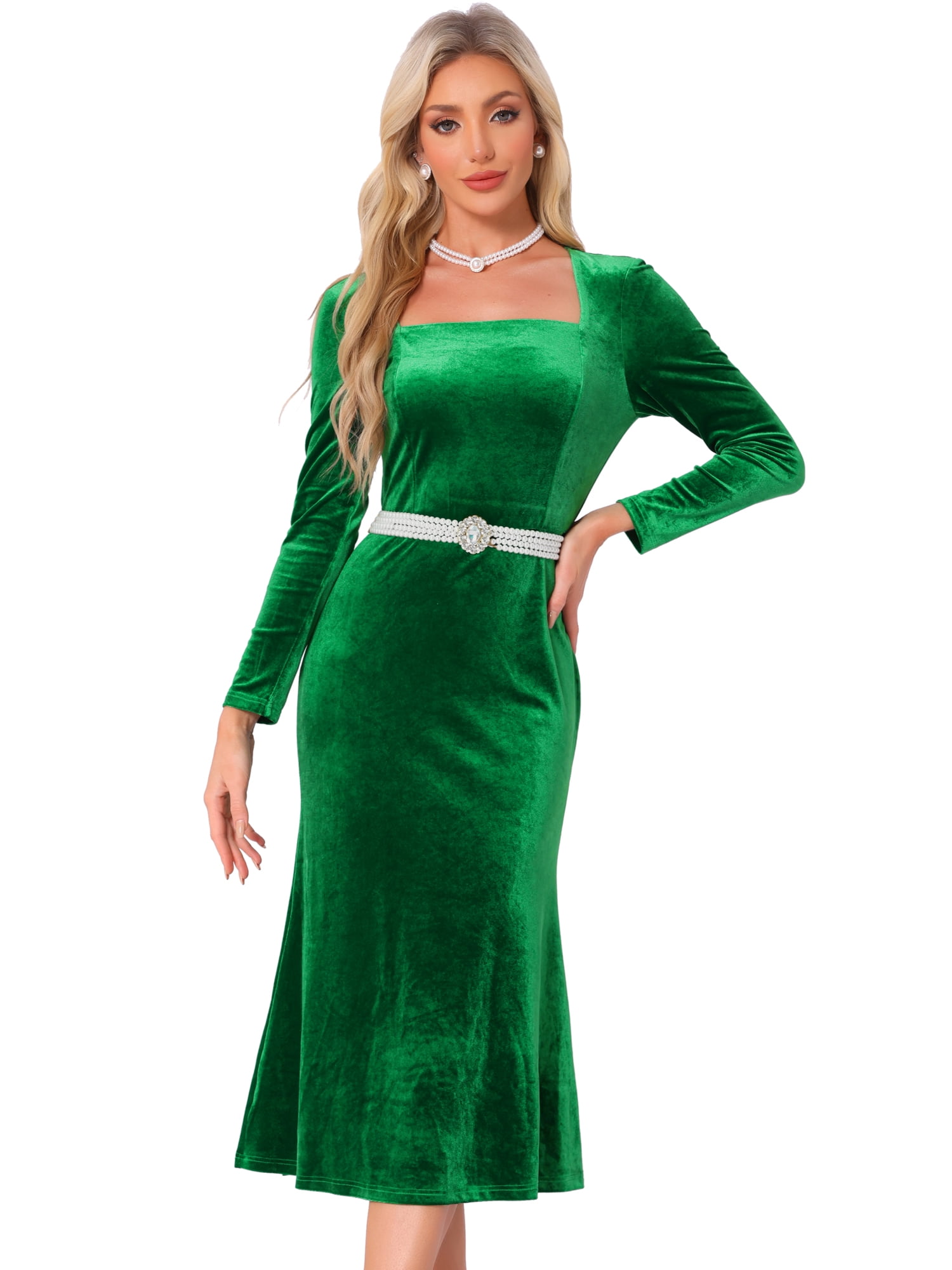 DARING DIVA Square Neck Long Sleeve Cocktail Mermaid Midi Velvet Dress ...